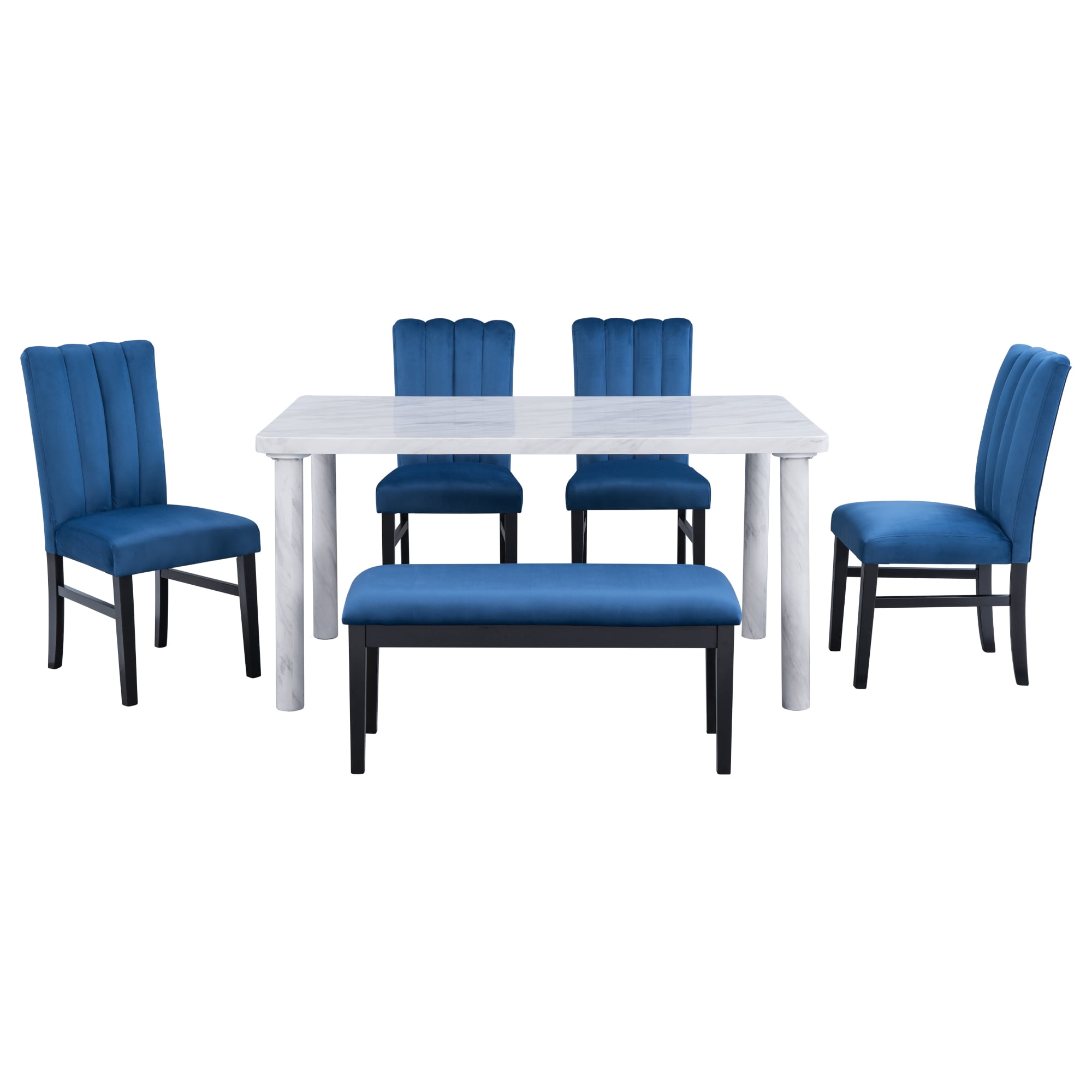 6 Pieces Dining Set,Wooden Rectangular Table and 4 Chairs and Bench ...
