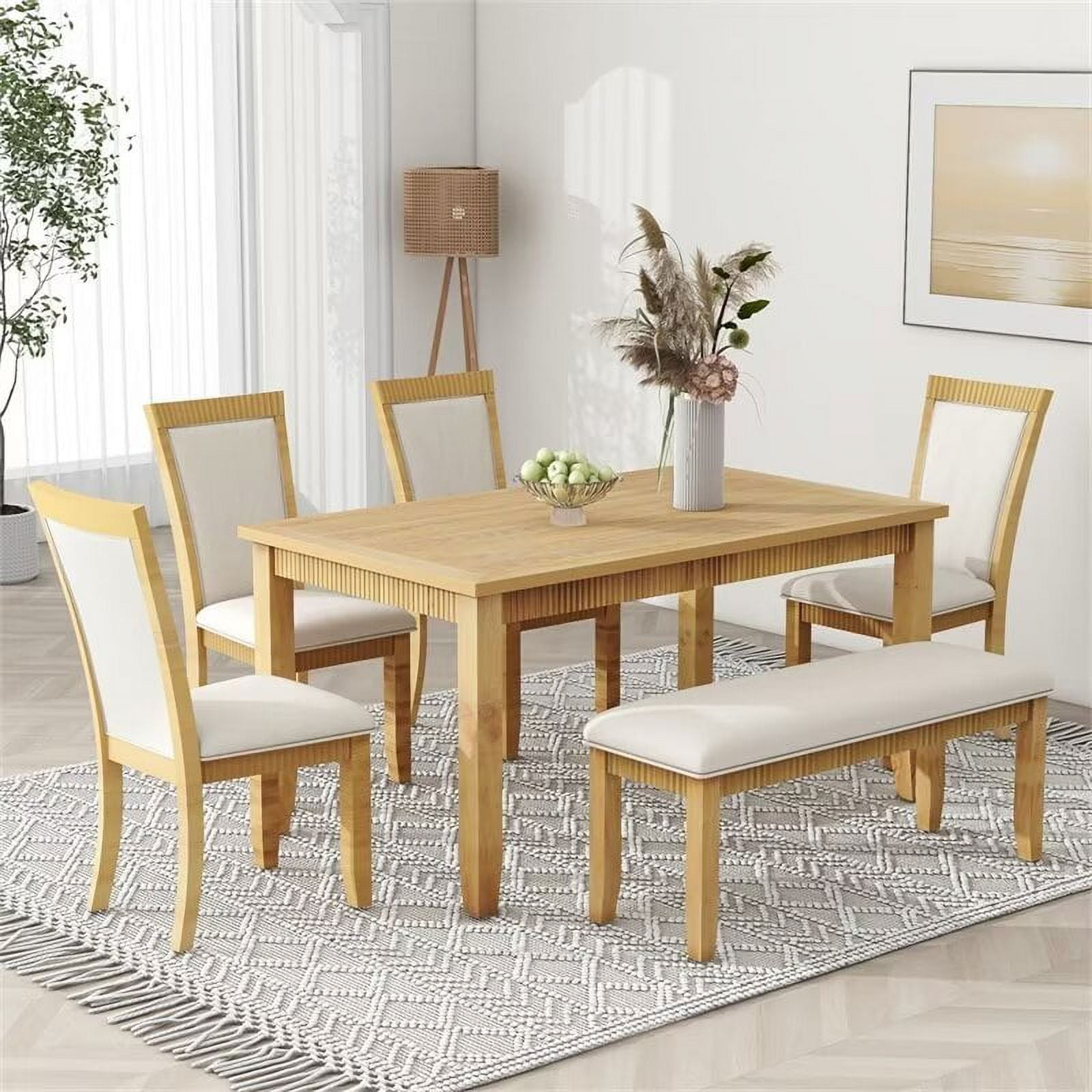 6 Pieces Dining Table Set, Rustic Rectangular Table with PU Leather ...