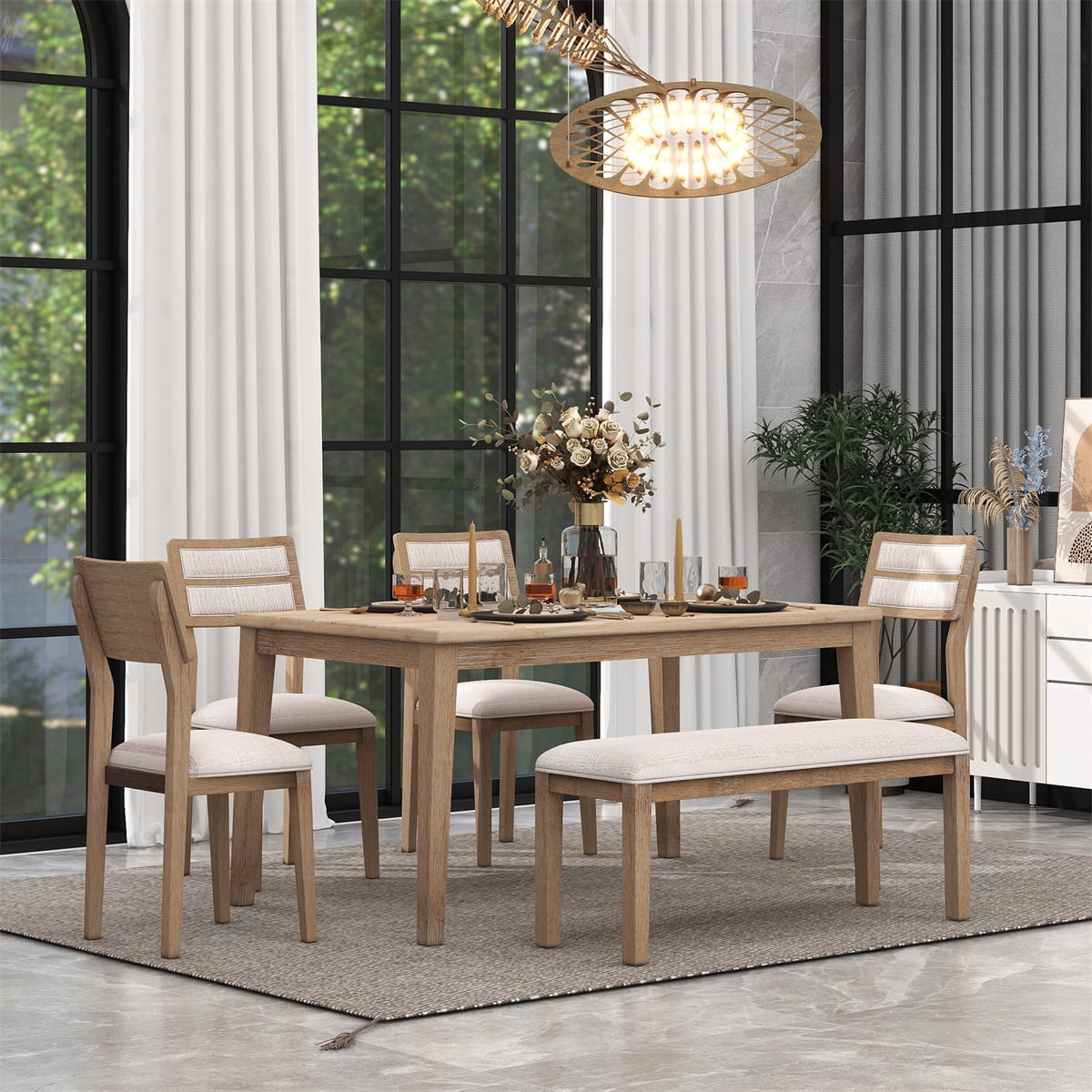 6 Pieces Dining Table Set, Wood Dinette Table with 4 Upholstered Chairs ...