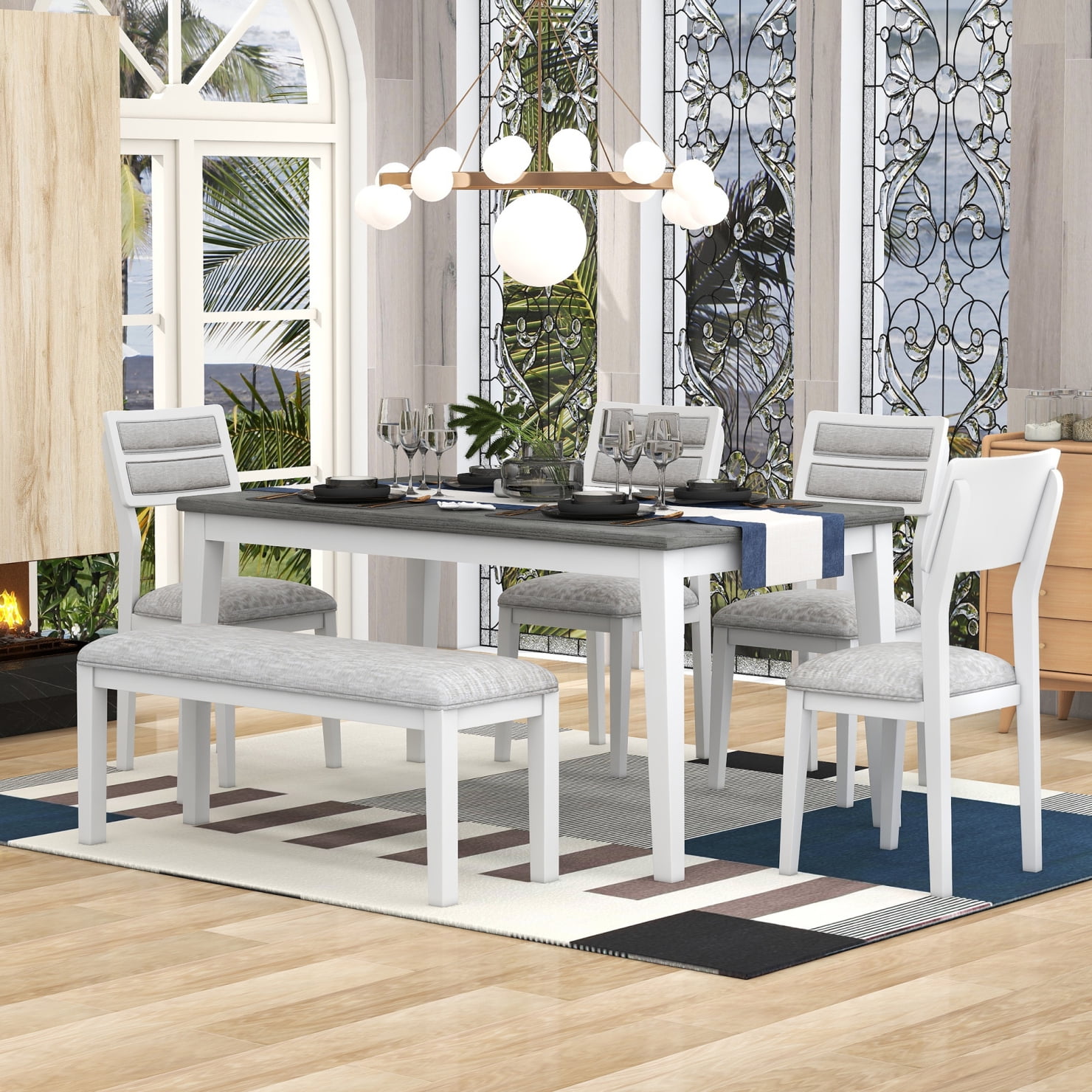 6 Piece Dining Table Set, Wooden Rectangular Kitchen Table and 4 Dining ...