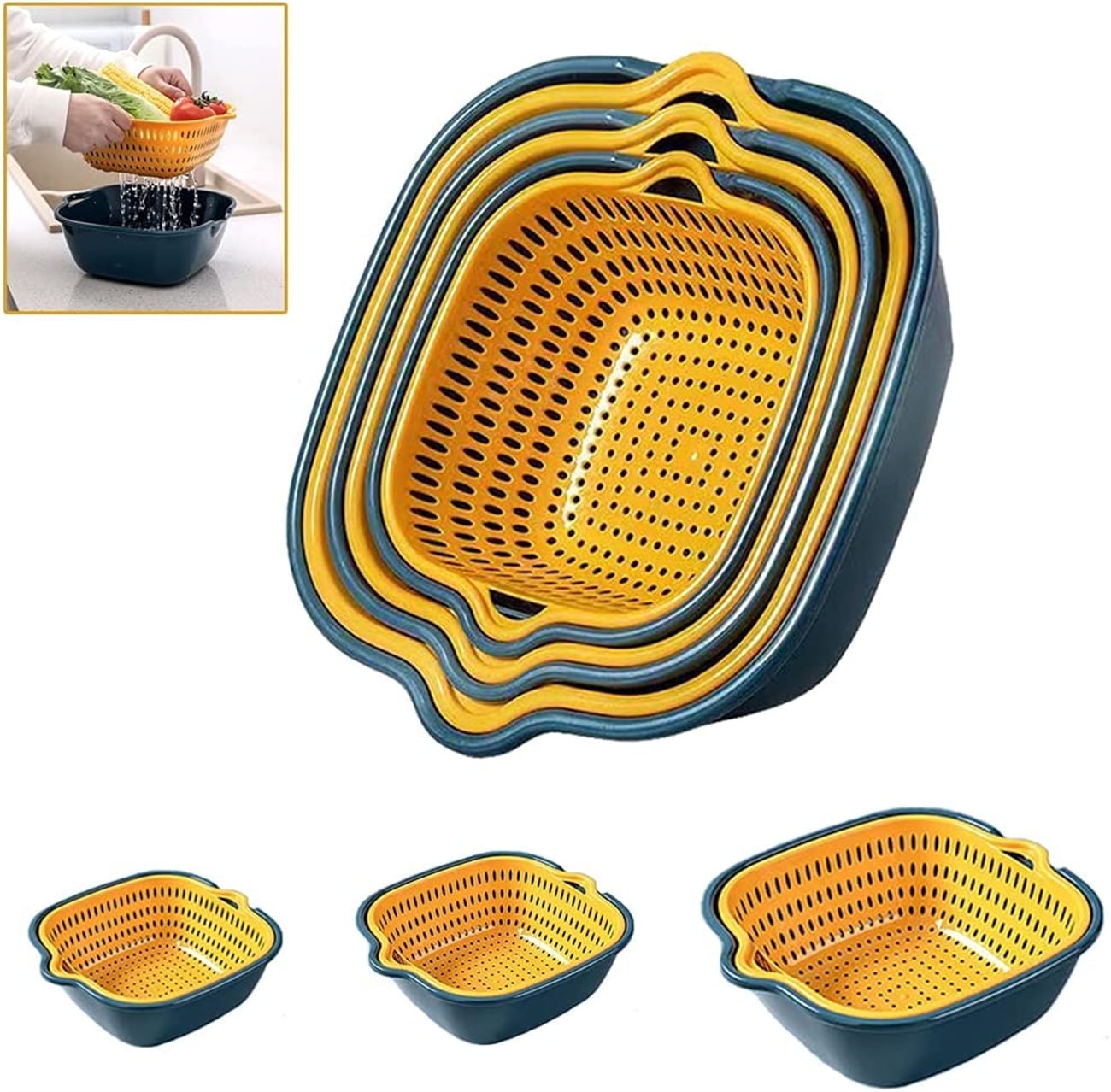 6 Pieces Drain Colander Set, 2-in-1 Detachable Plastic Double Layered ...