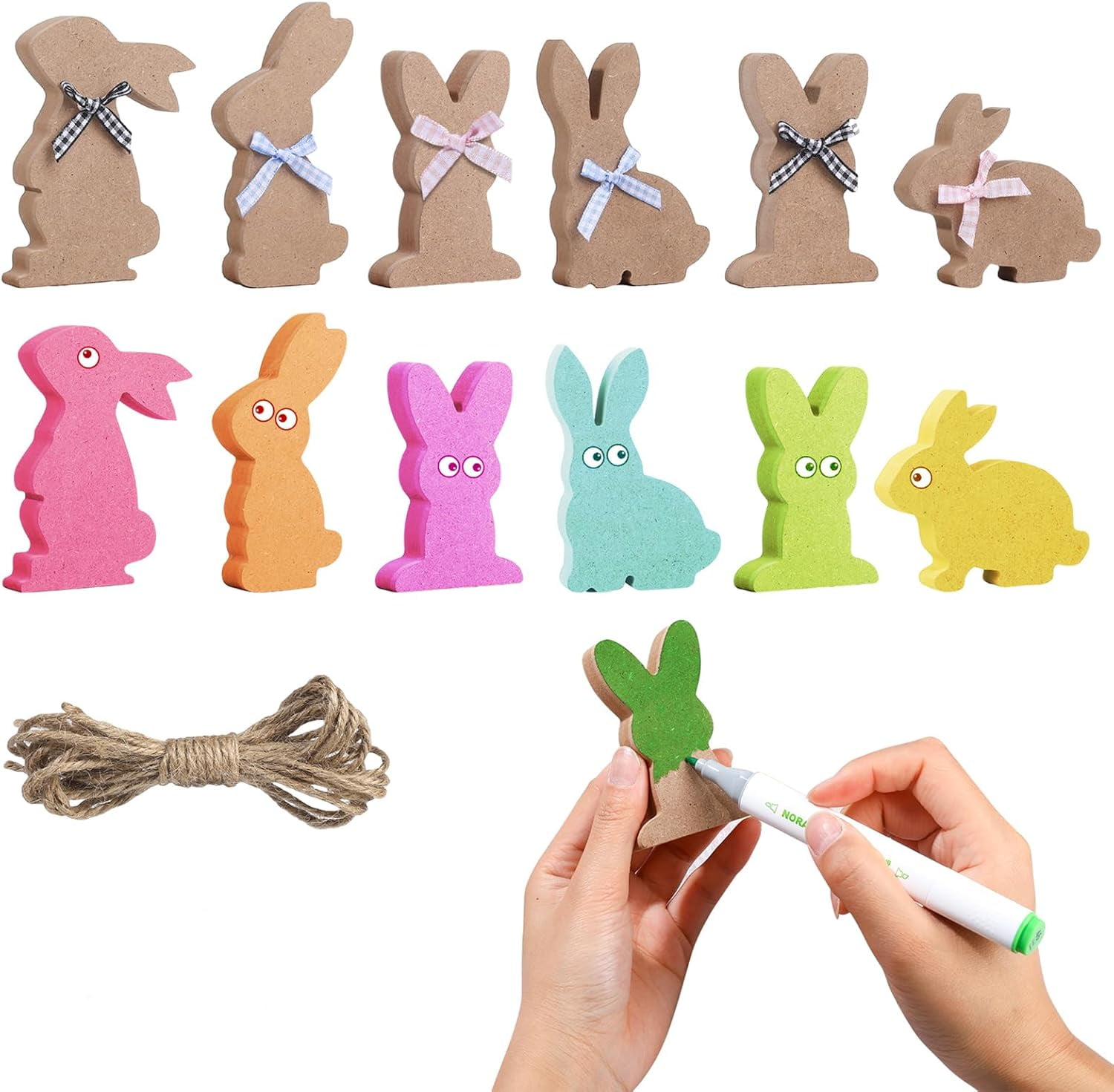 6 Pieces Easter Bunny Table Wood Signs Unfinished Rabbit Wood Blocks ...