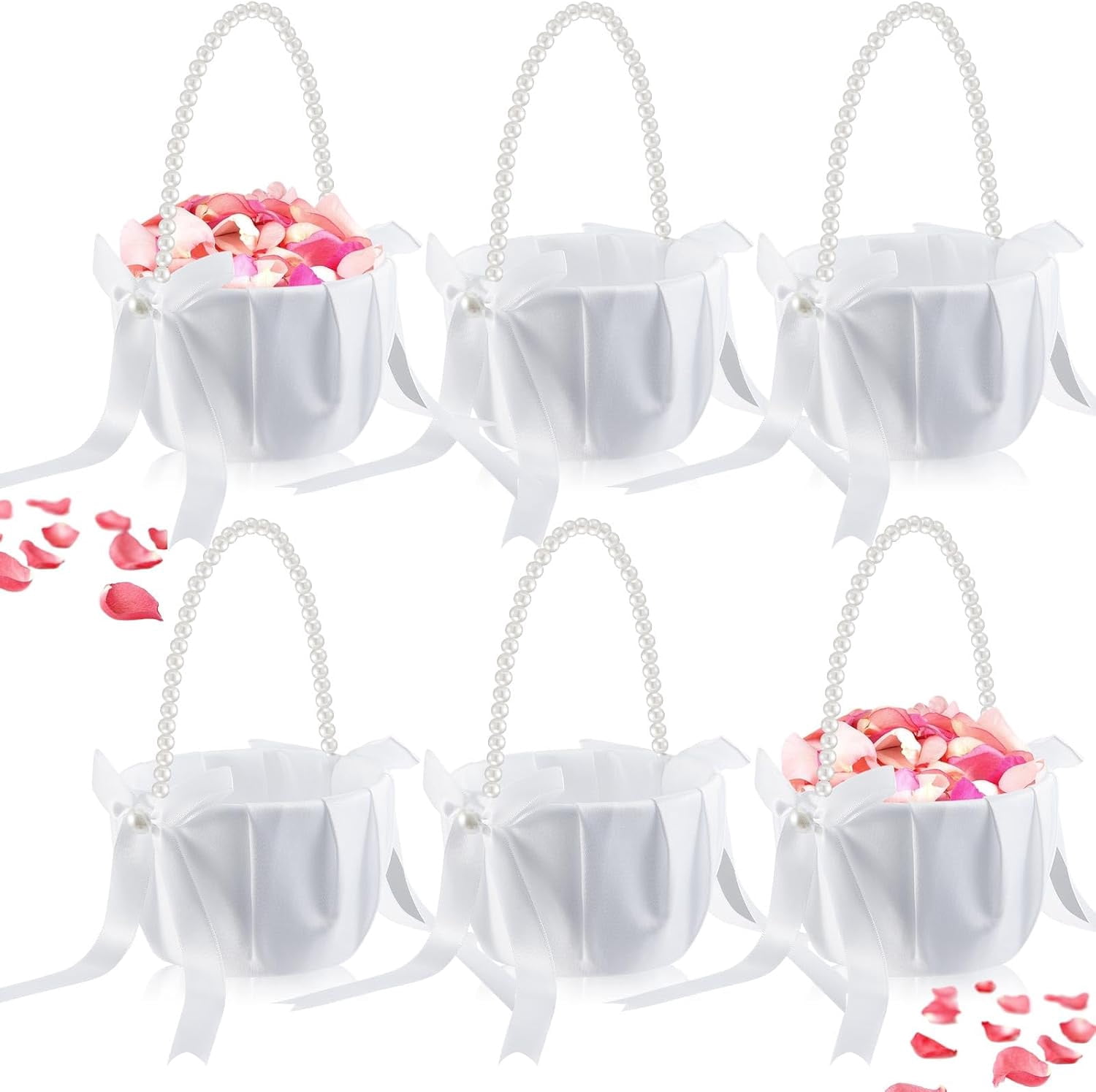 6 Pieces Flower Girl Baskets for Weddings with Cute Pearl Handle White ...