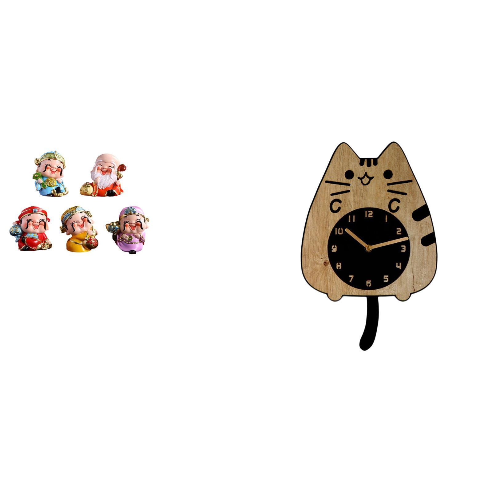6 Pieces Fortune Cat Figurine Wall Clock Ornament Resin Wood Acrylic ...
