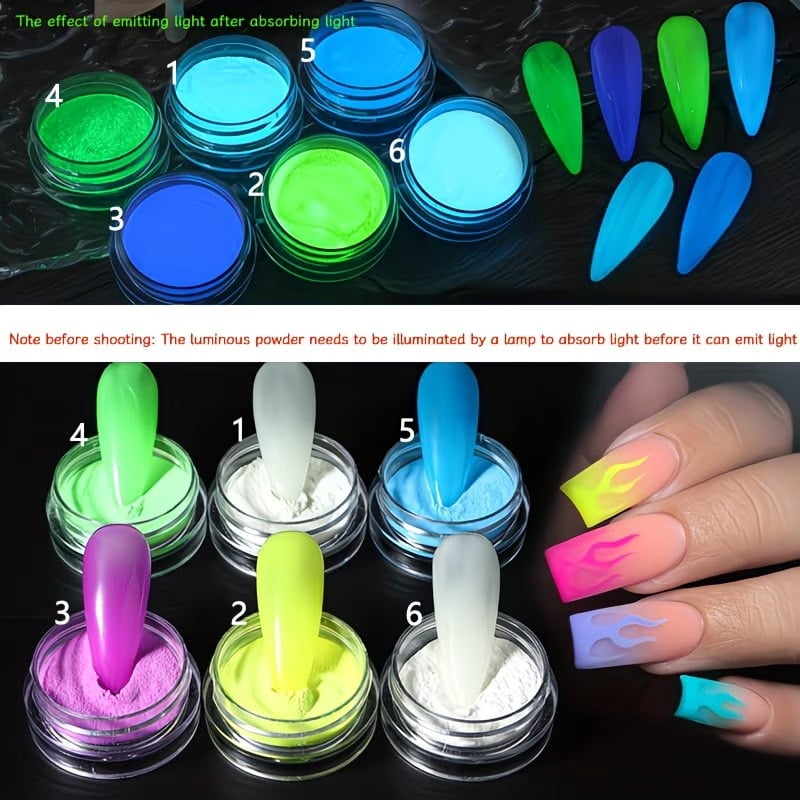 6 Pieces, French flame luminous powder disco nail art luminous powder ...
