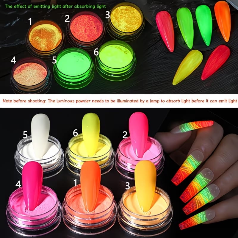 6 Pieces Glow in the Dark French Flame Luminous Powder for Nail Art ...