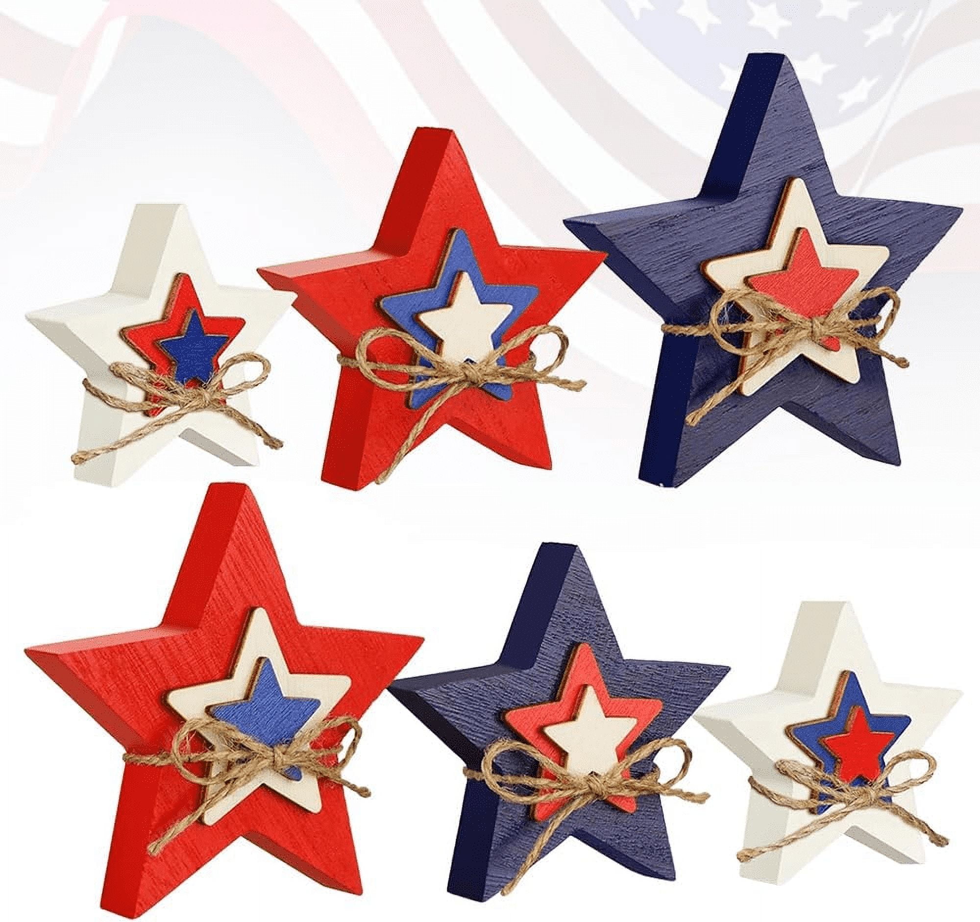 6 Pieces Independence Day Wooden Star Blocks Patriotic Wood Star ...