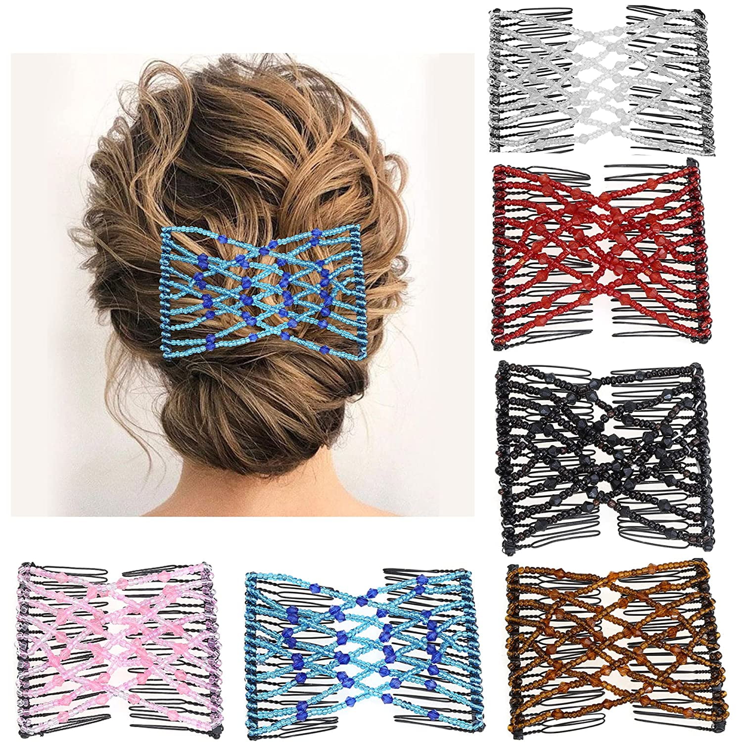 6 Pieces Magic Hair Comb Elastic Beaded Hair Clips Women Stretchy Bride ...