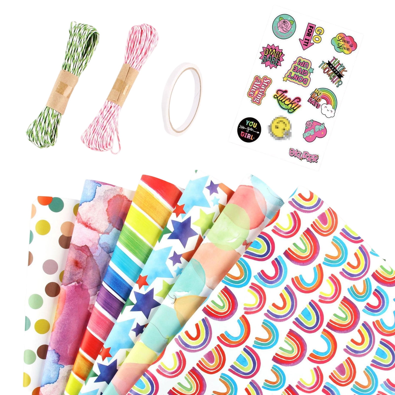 6 Pieces Of Colorful Gift Wrapping Paper+2 Binding Ropes+1 Sticker+1 ...