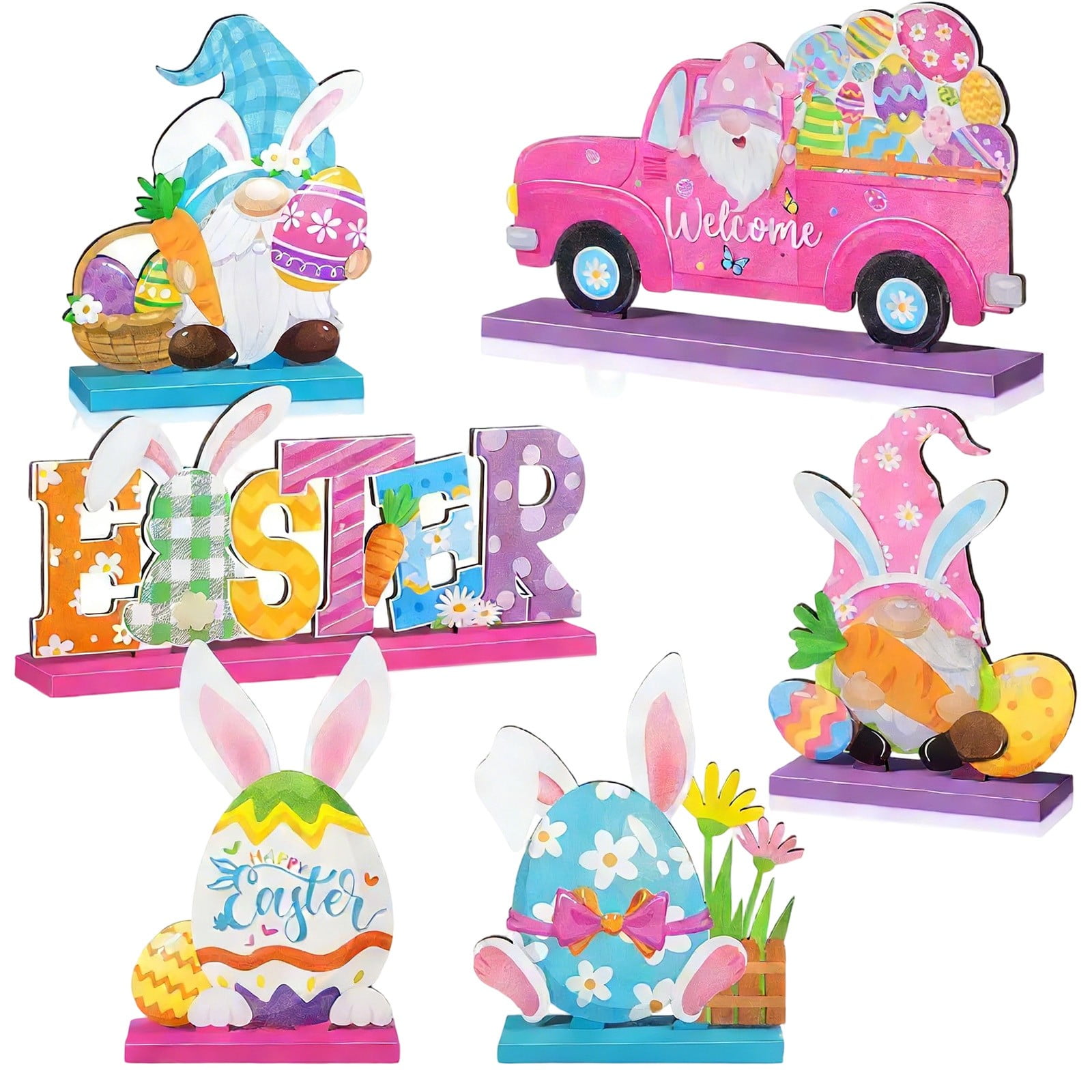 6 Pieces Of Wooden Easter Table Bunny Decoration Truck Set Holiday ...