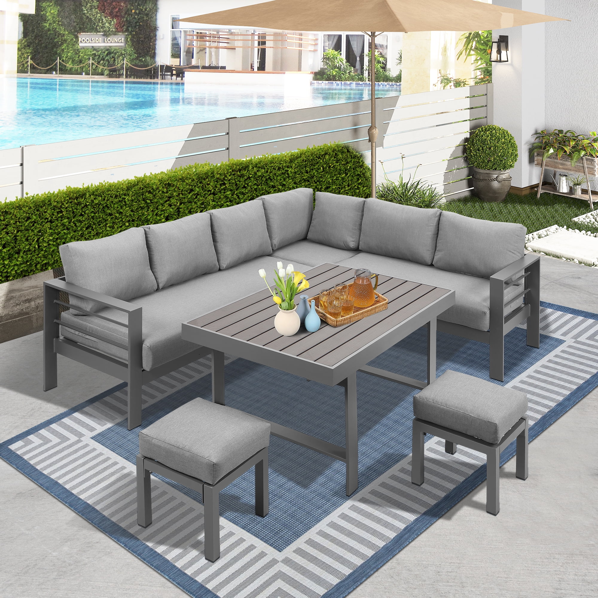 6-Pieces Outdoor Dining Set, Grey Aluminum Frame With Dark Grey ...