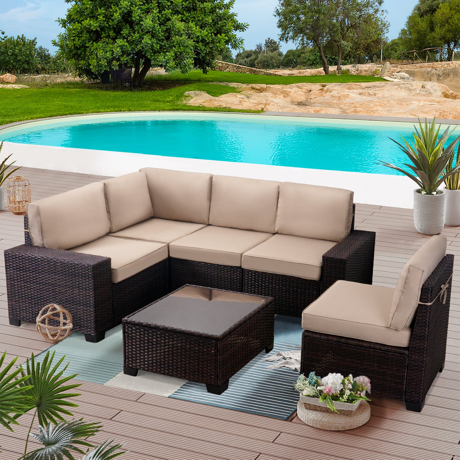 6 Pieces Outdoor Patio Furniture Sets PE Rattan Wicker Patio ...