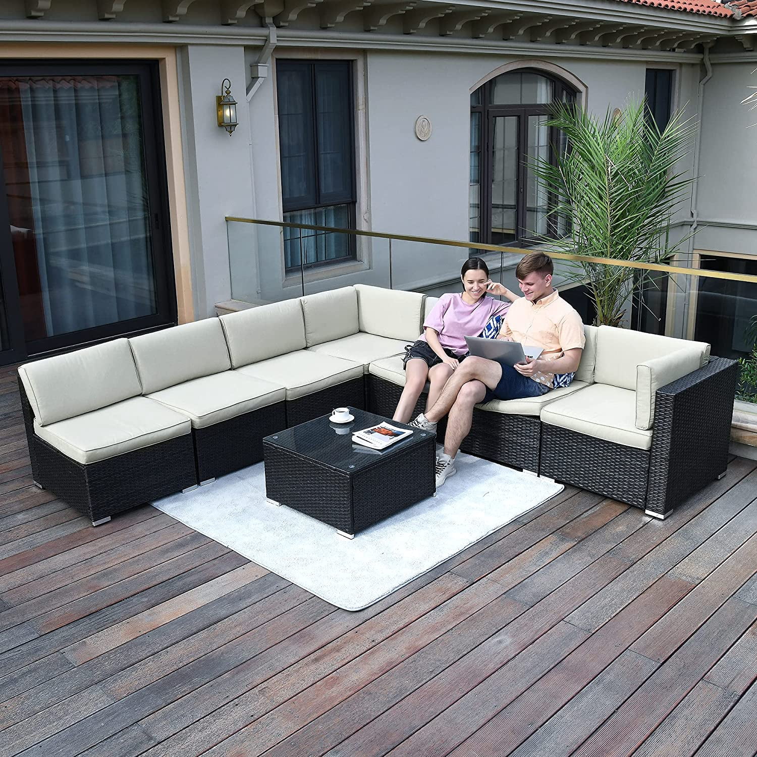 6 Pieces Patio Furniture Set Outdoor Sectional Sofa PE Wicker ...