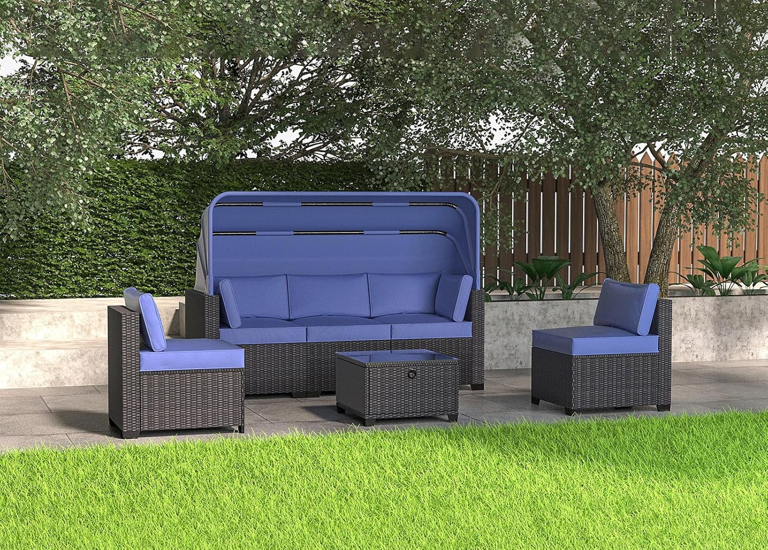 6 Pieces Patio Furniture Sets Daybed with Retractable Canopy, Outdoor ...