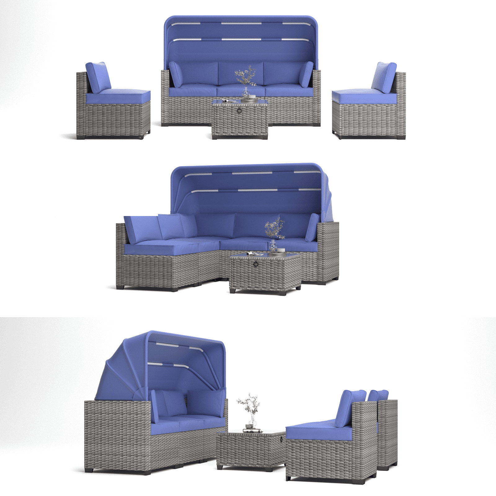 6 Pieces Patio Furniture Sets,Outdoor Rattan Daybed with Retractable ...