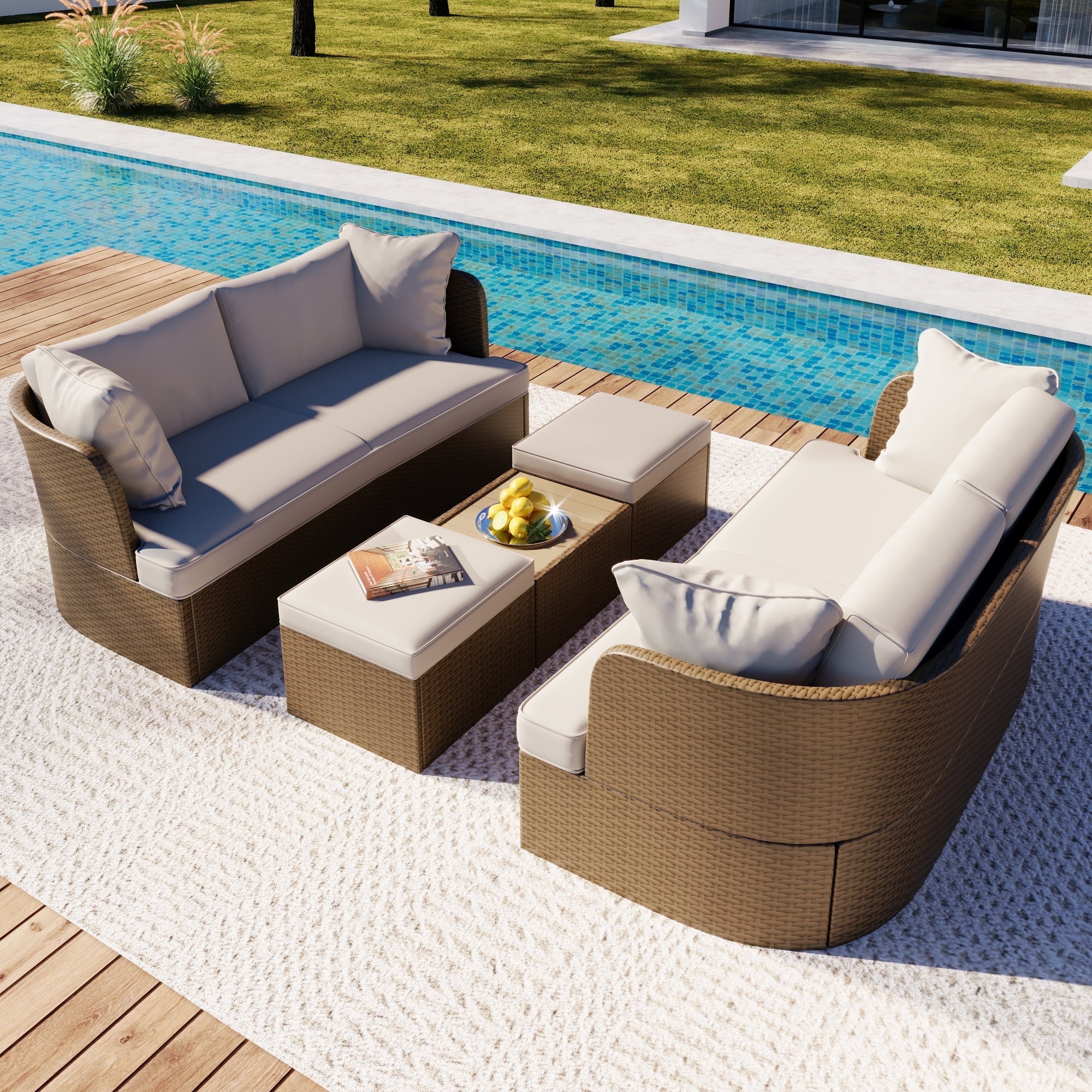 6-Piece Wicker Patio Set, Curved Outdoor Sofa with Coffee Table and 8 ...