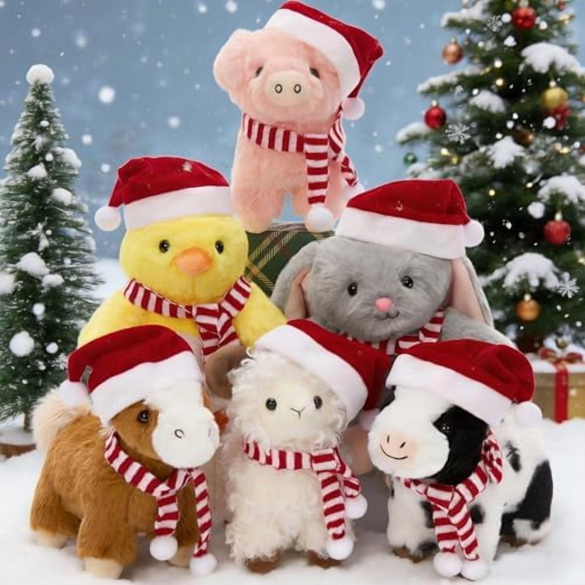 6 Pieces Plush Farm Animals with Christmas Outfits, Stuffed Horse Cow ...