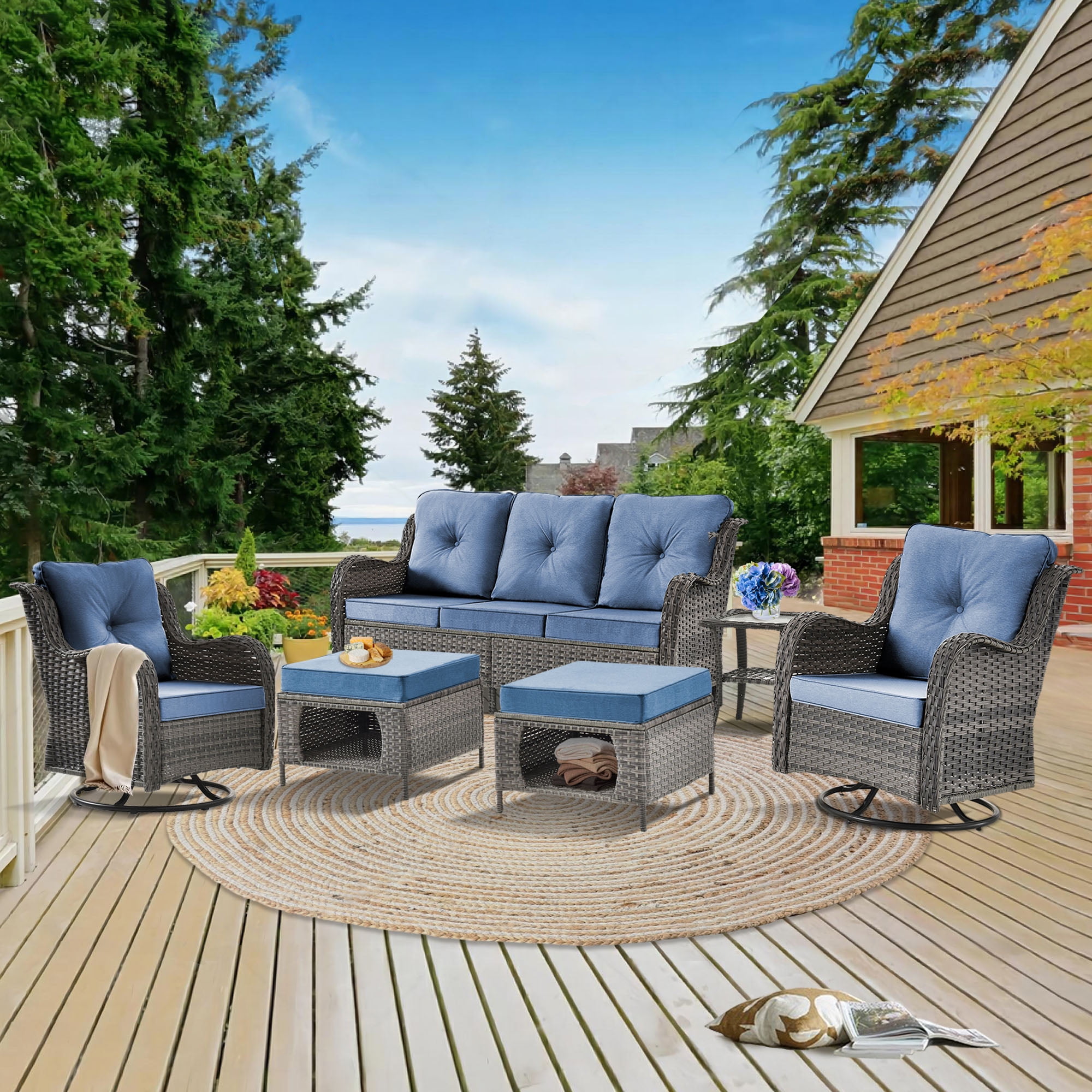 6 Pieces Rattan Outdoor Conversation Set-Swivel Chairs Sofa Ottoman Set ...