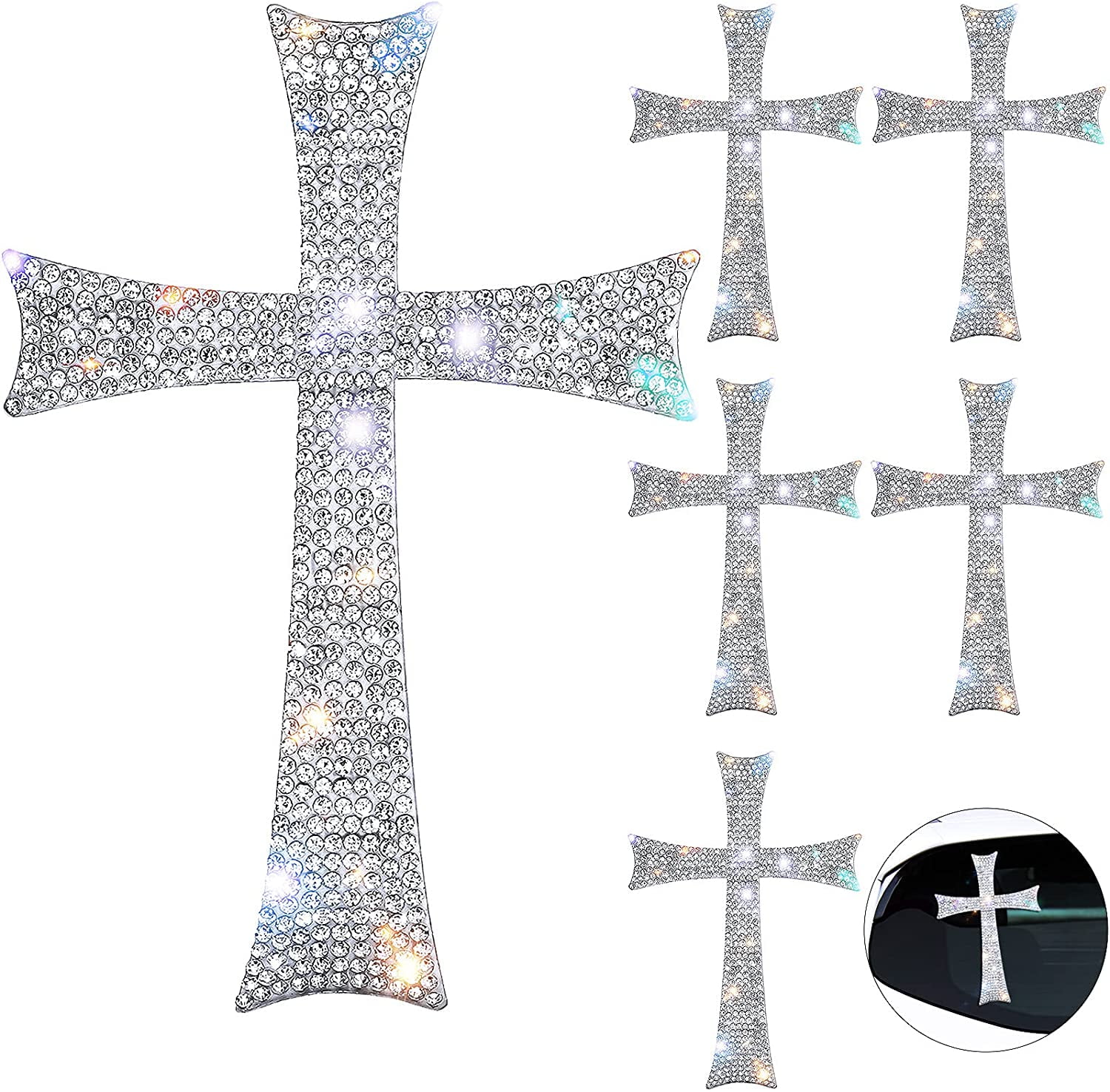 6 Pieces Silver Bling Cross Car Decals Waterproof Rhinestone Stickers ...