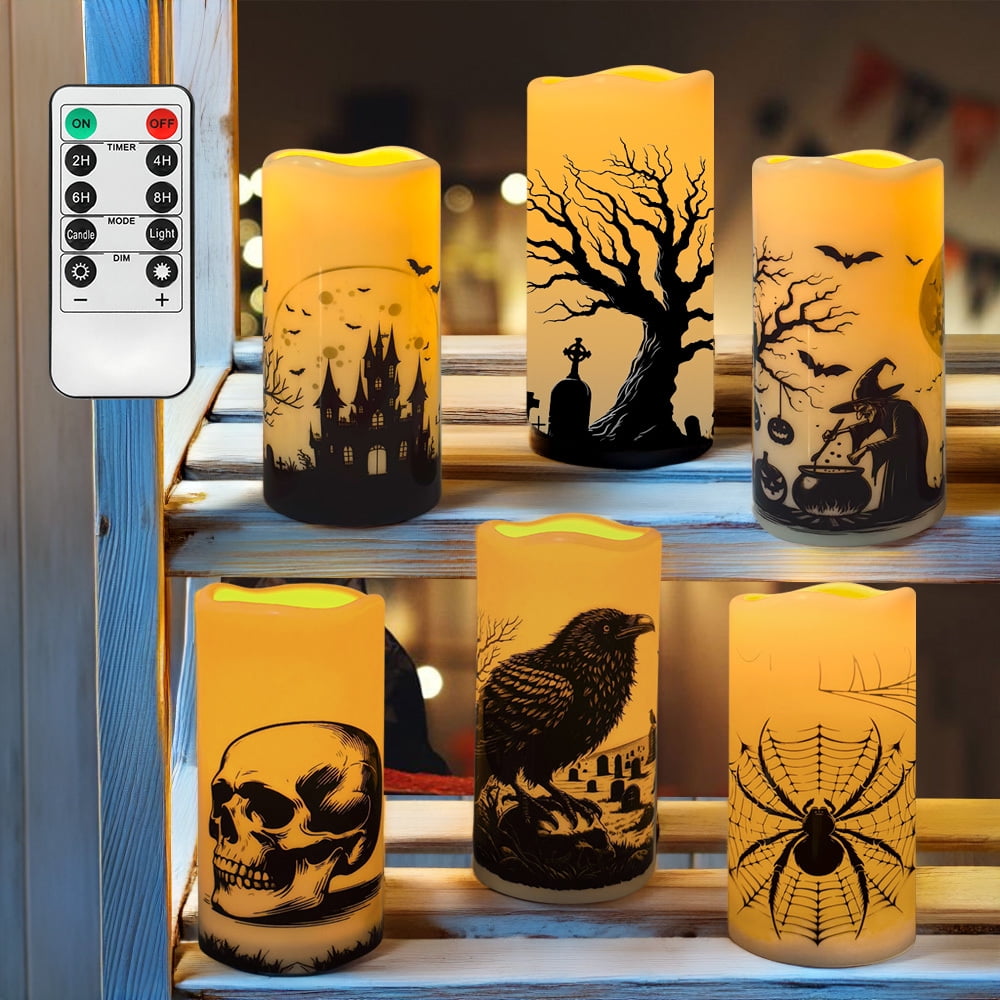6 Pieces Spooky Halloween LED Candles Set - Flickering Battery Powered Candles with Remote Timer ...