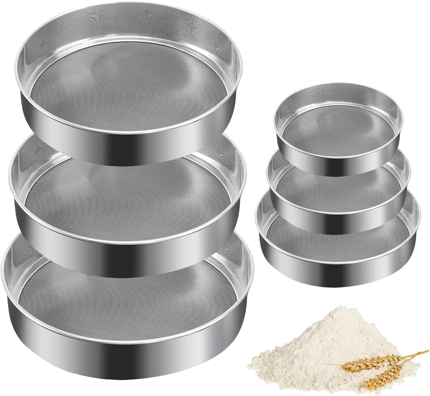 6 Pieces Stainless Steel Flour Sifter, Round Flour Sifter 40 Mesh ...