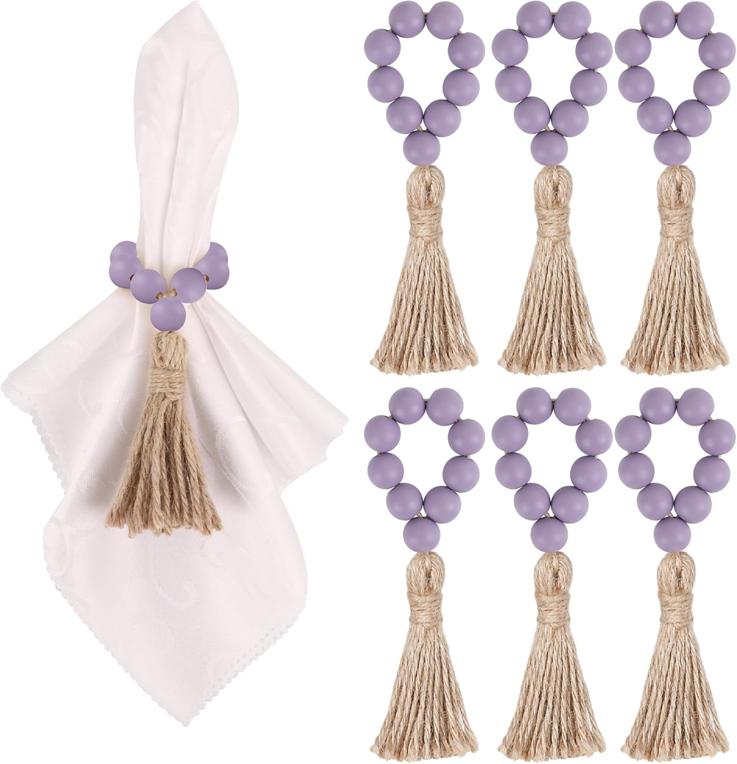 6 Pieces Wooden Bead Napkin Rings, Farmhouse Stretchable Napkin Rings ...