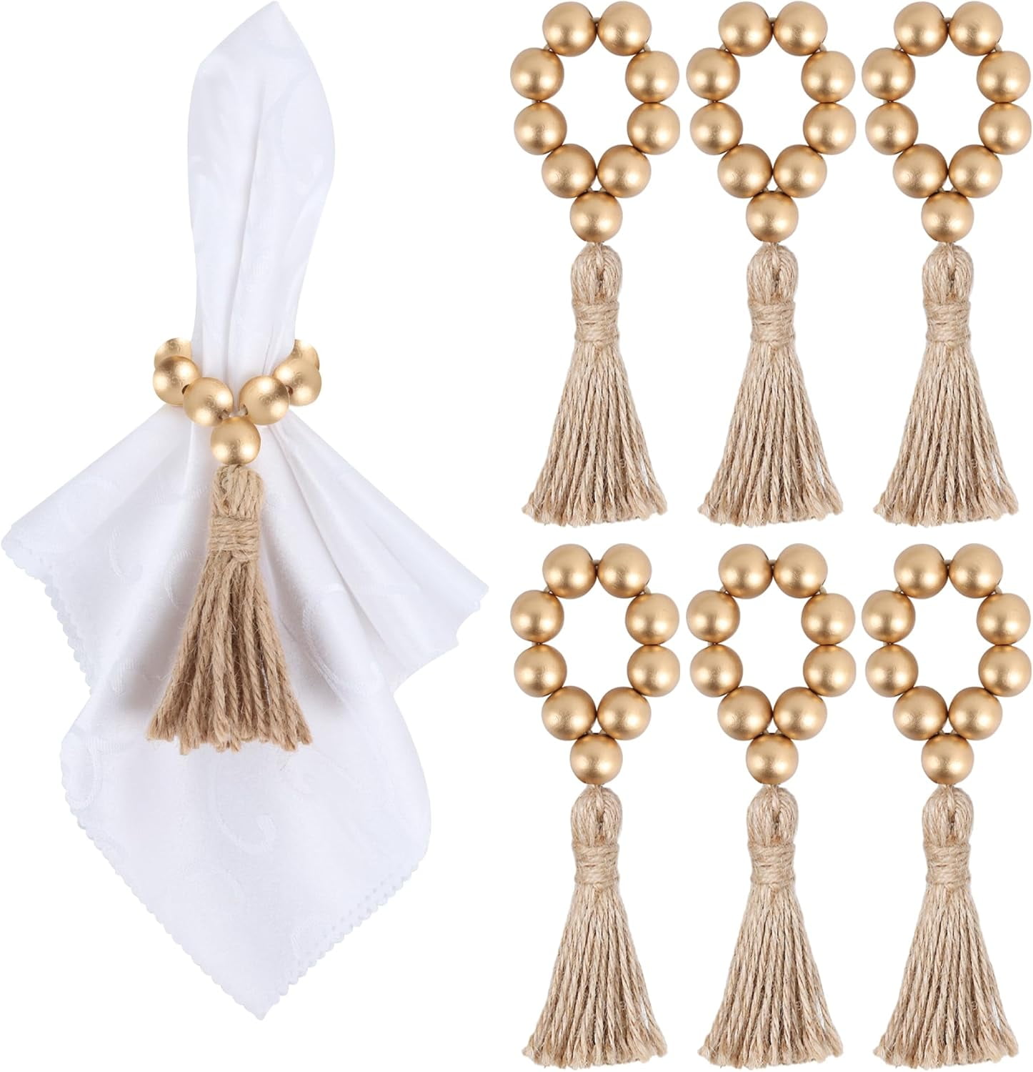 6 Pieces Wooden Bead Napkin Rings, Farmhouse Stretchable Napkin Rings ...