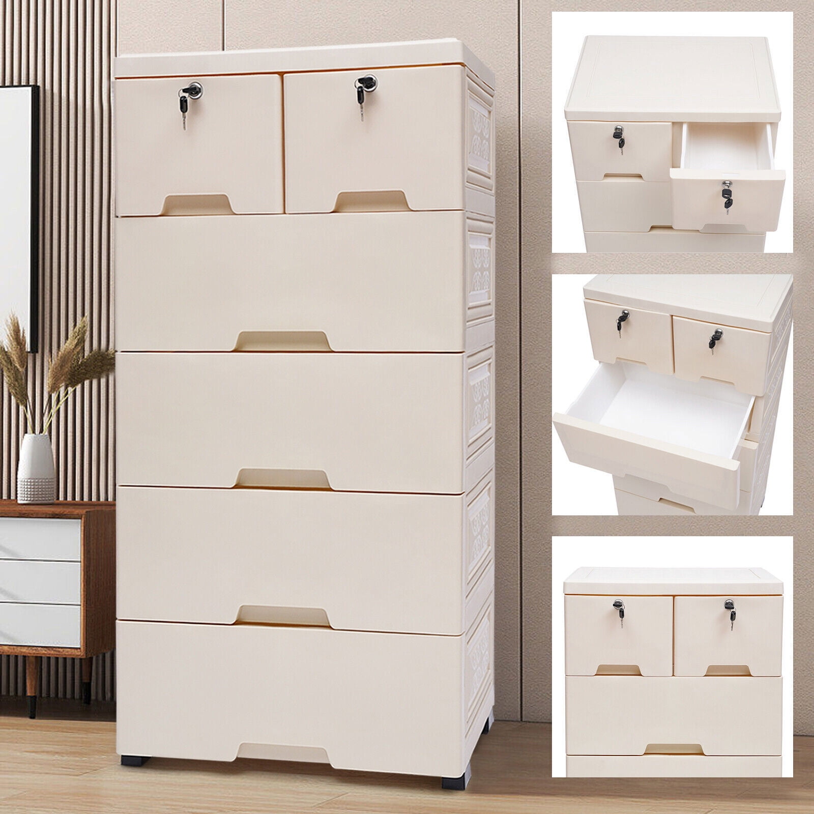 6 Plastic Drawers Dresser Storage Cabinet Organizer with lock, Vertical ...