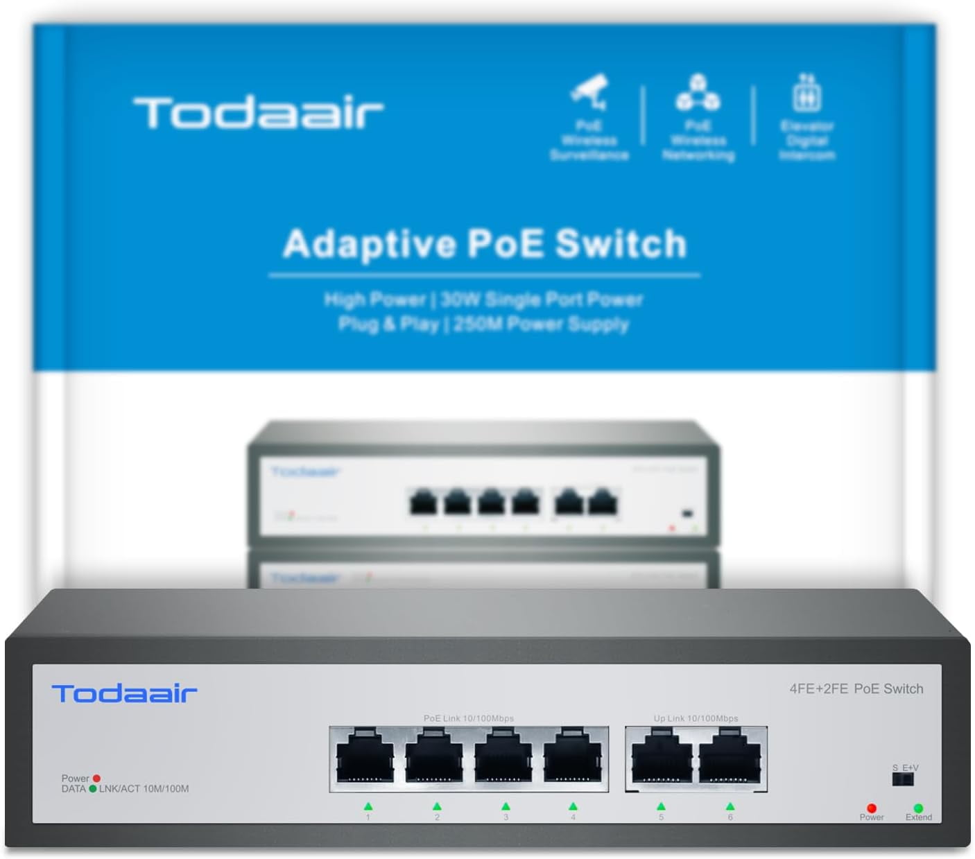 6 Port Ethernet PoE Switch | 4 PoE+ Ports + 2 Uplink @75W | 100Mps | 802.3af/at | VLAN Mode ...