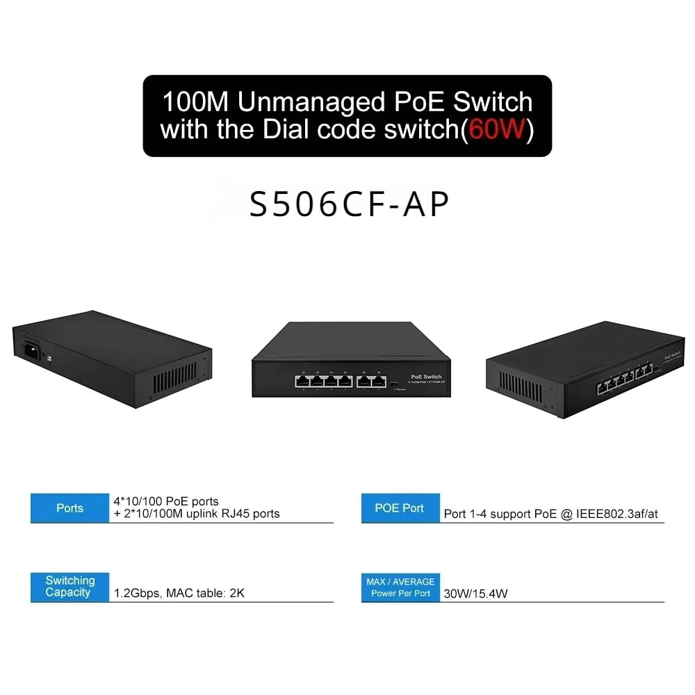 6 Ports POE Switch 100Mbps Smart IP 48V Switch POE Standard RJ45 Injector Switcher for IP Camera ...