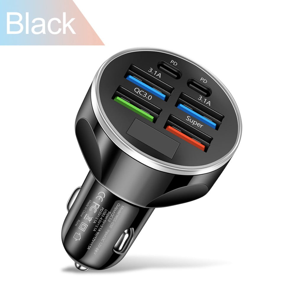 6 Ports USB Car Phone Charger LED Digital Display PD For QC3.0 Fast ...