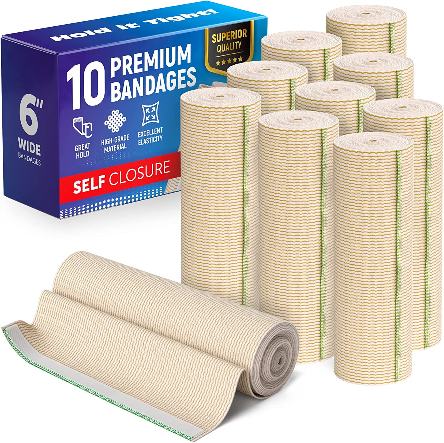 6” Premium Elastic Bandage Wrap - 10 Pack - Hook & Loop Closures - Wide ...