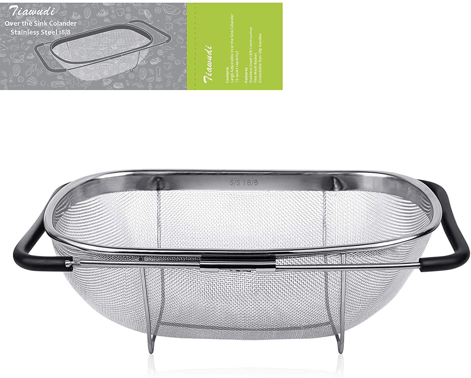 6-Quart Large Over The Sink Colander, Heavy Duty 40% Thicker 18/8 ...