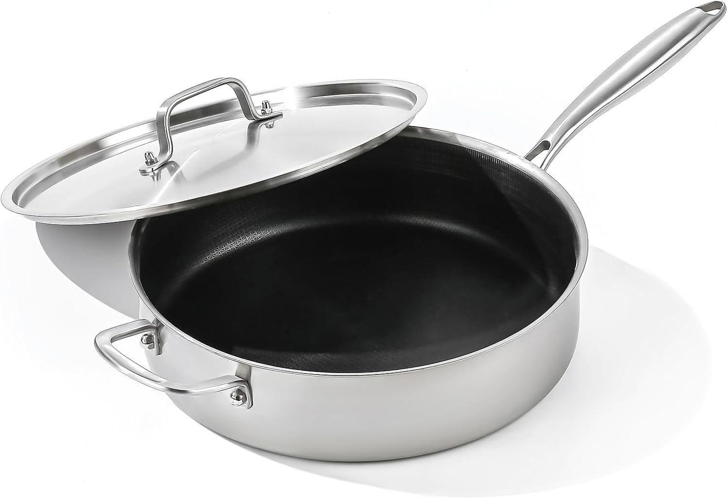 6 Quarts Saute Pan Tri-Ply Stainless Steel, Large Deep Frying Pan ...