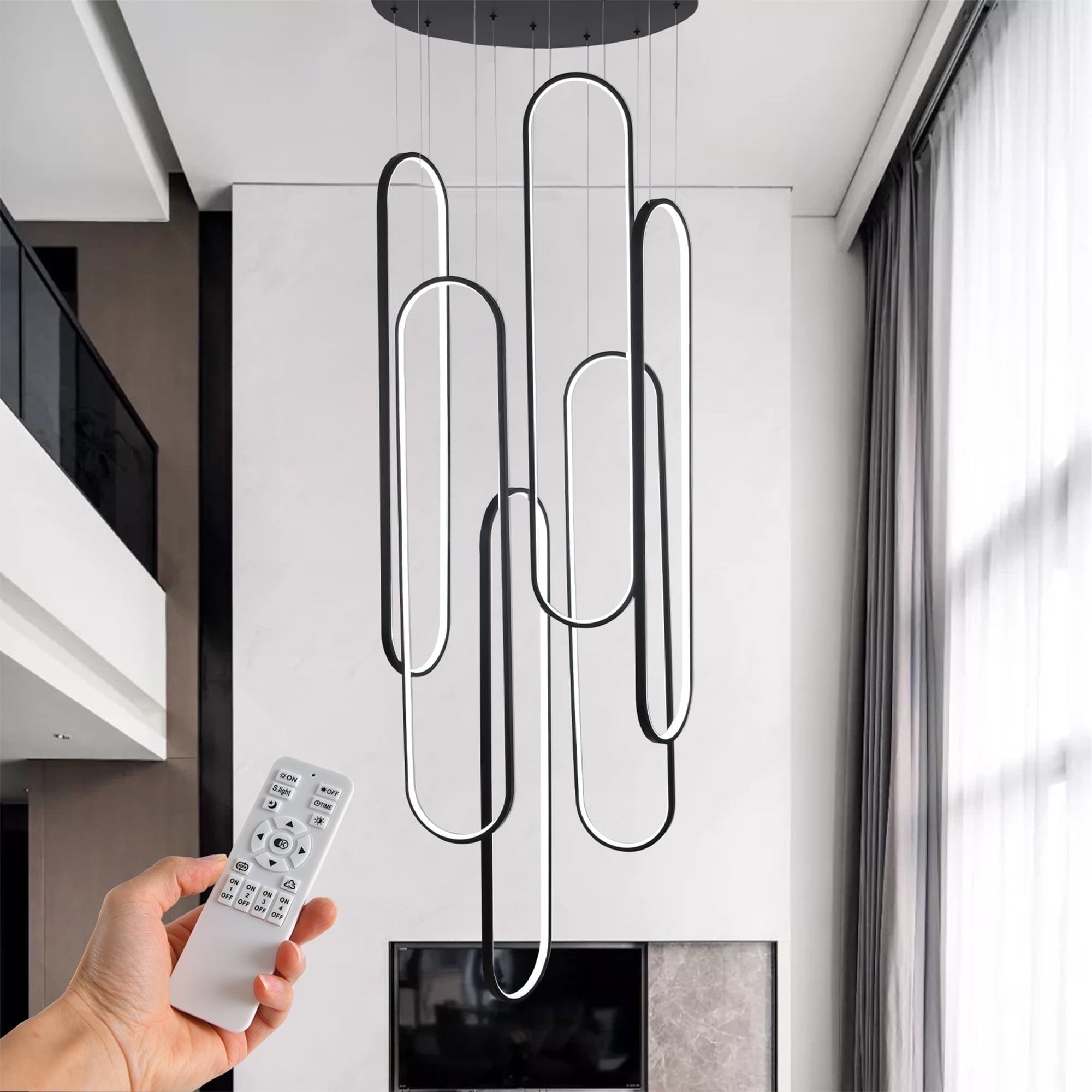 6 Rings Modern LED Chandelier,Large Black High Ceiling Chandeliers with ...