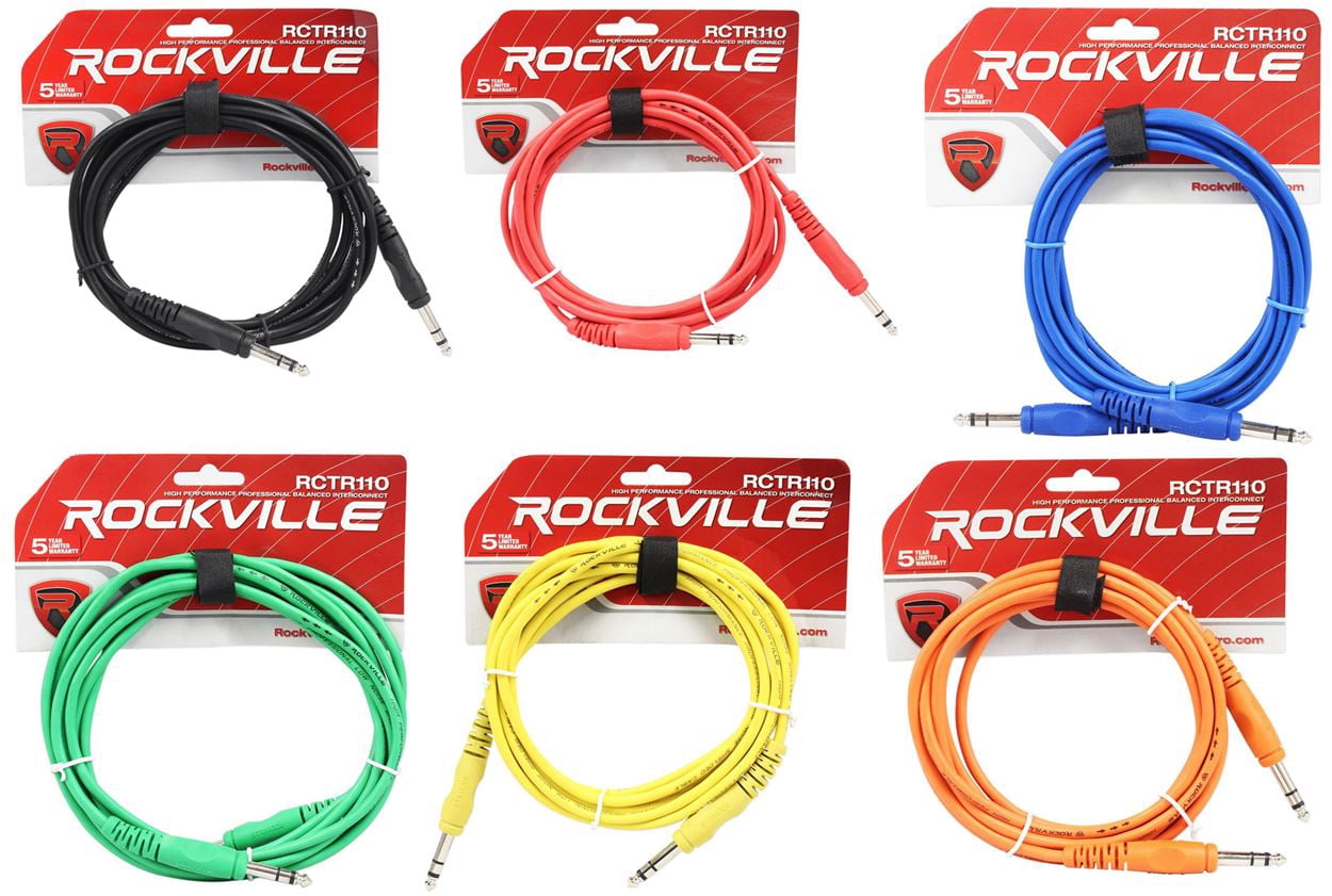 6 Rockville 10' 1/4'' TRS to 1/4'' TRS Cable 100% Copper (6 Colors ...