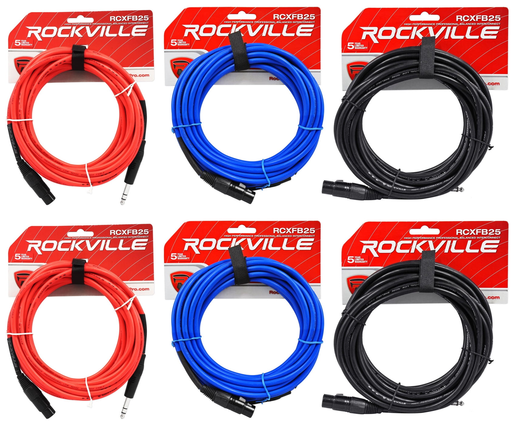 6 Rockville 25' Female Rean XLR to 1/4'' TRS Cables (3 Colors x 2 of ...