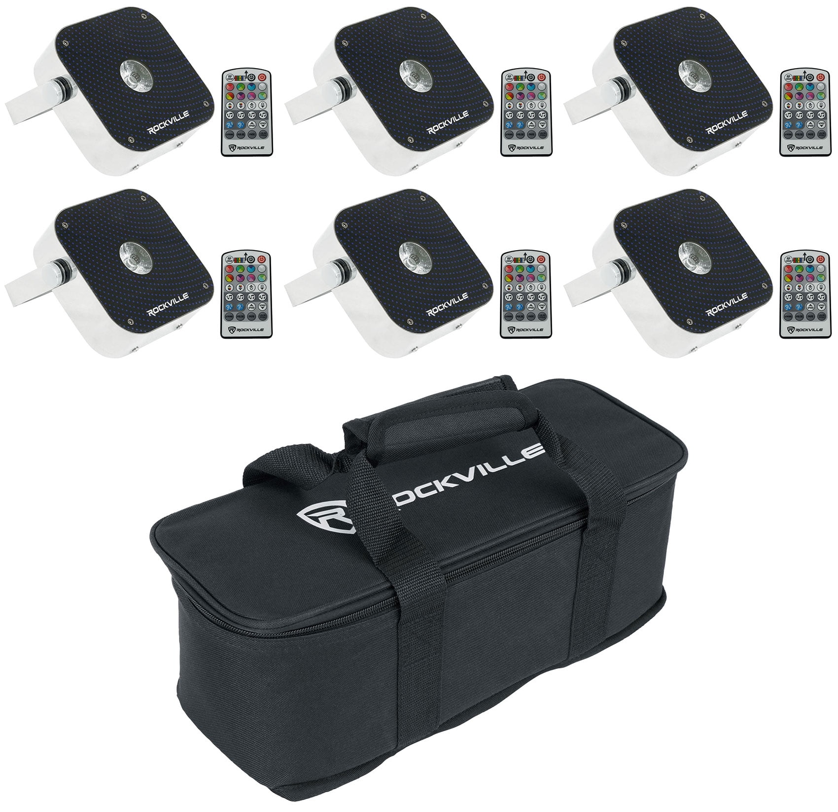 (6) Rockville Mini RF1 V2 RGBWA+UV DMX DJ/Party Wash Lights+4-Ch RF ...