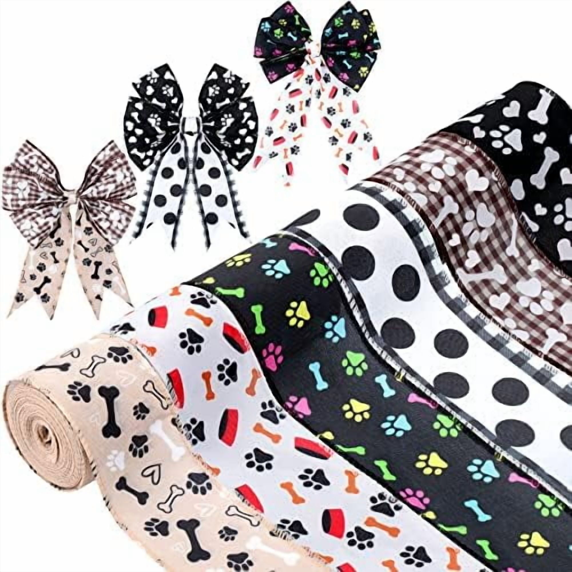6 Rolls 30 Yards Dog Wired Edge Ribbon cat Paw Print Burlap Ribbon 2.5 ...