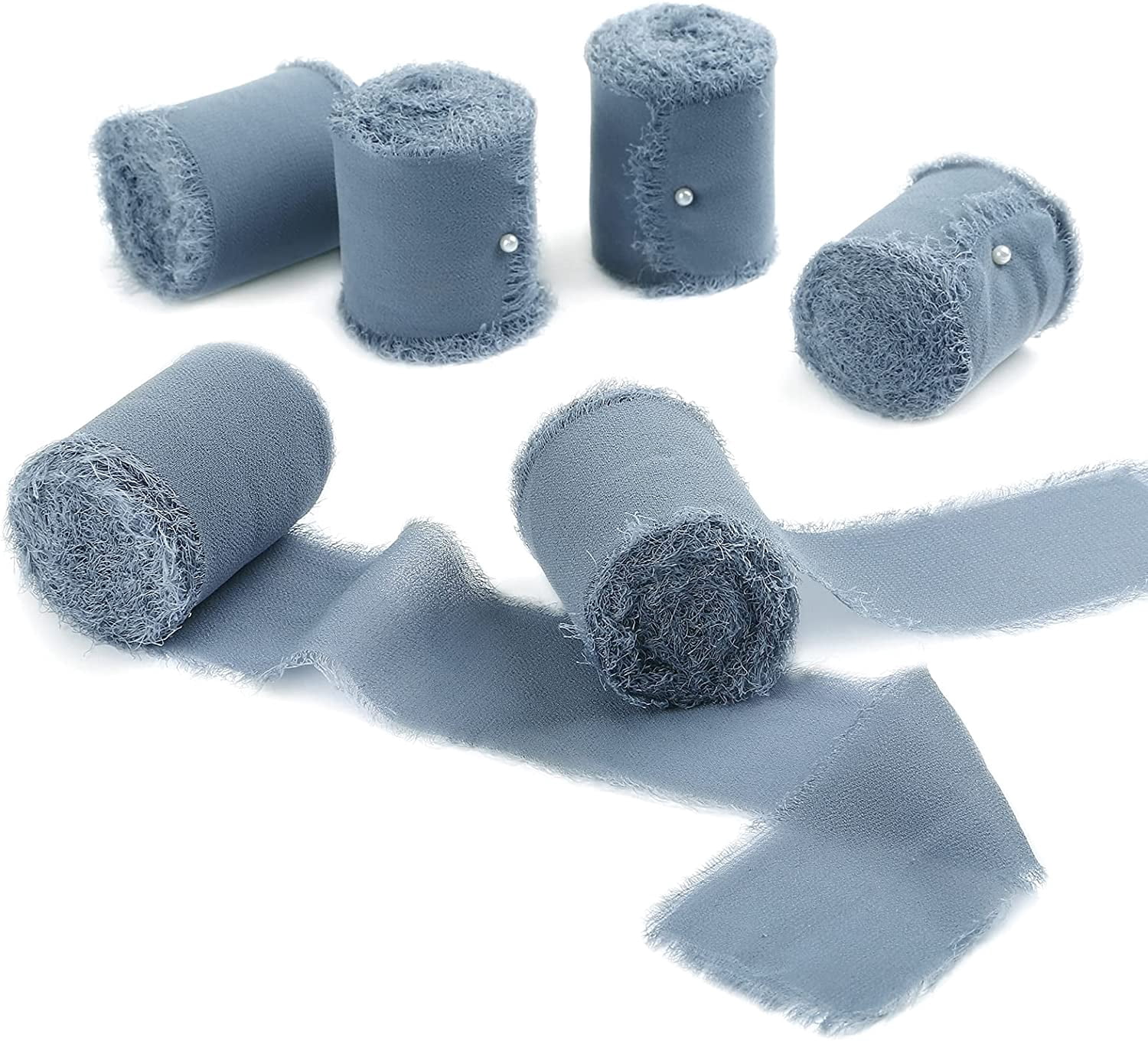 6 Rolls 36 Yards Chiffon Ribbon Dusty Blue Ribbon Fringe Handmade for ...