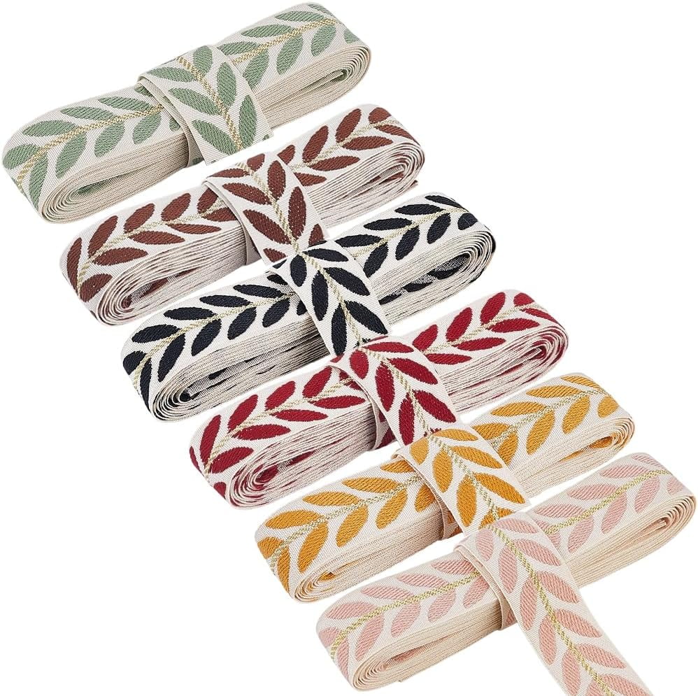 6 Rolls 6 Colors 1 Inch Colorful Jacquard Embroidered Ribbon Boho Leaf ...