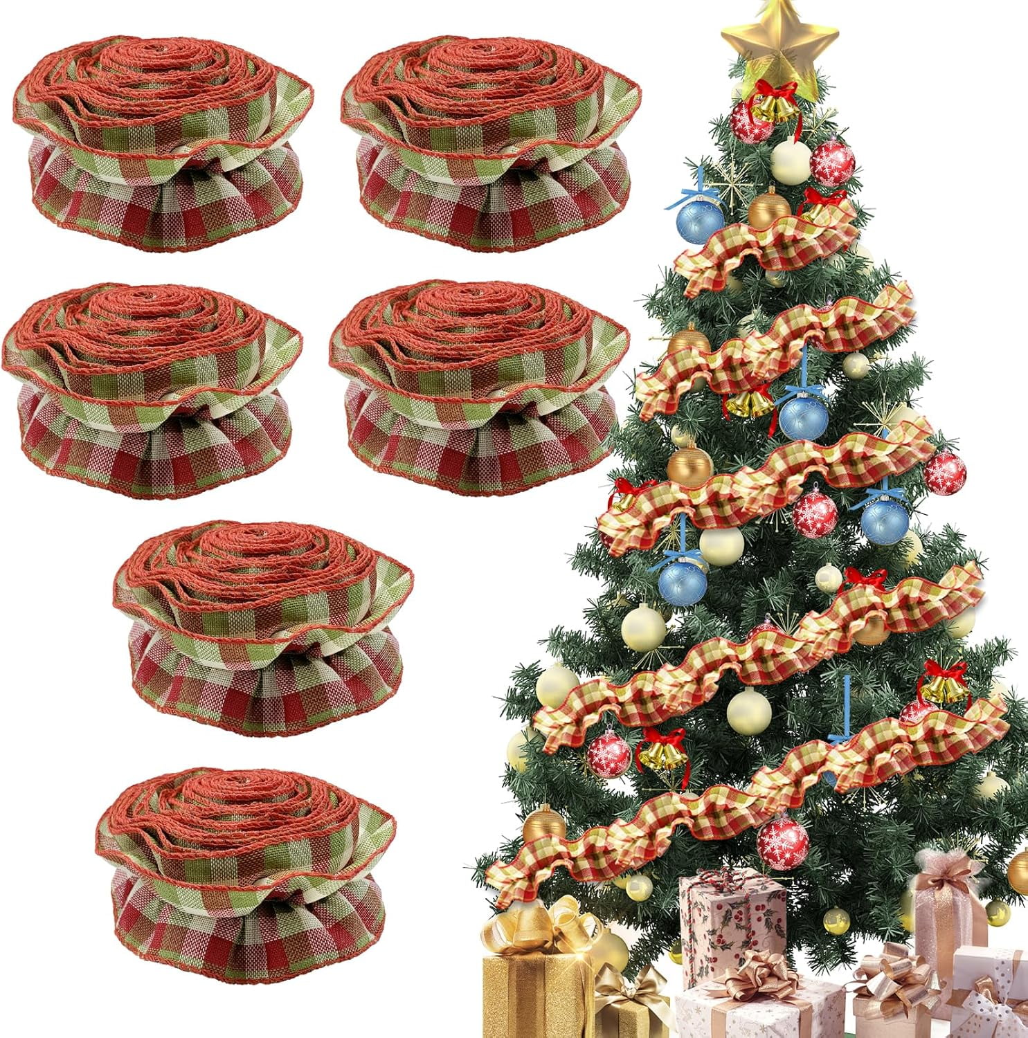 6 Rolls Christmas Tree Ribbon Garland Red Glitter Snowflake Ruffled ...
