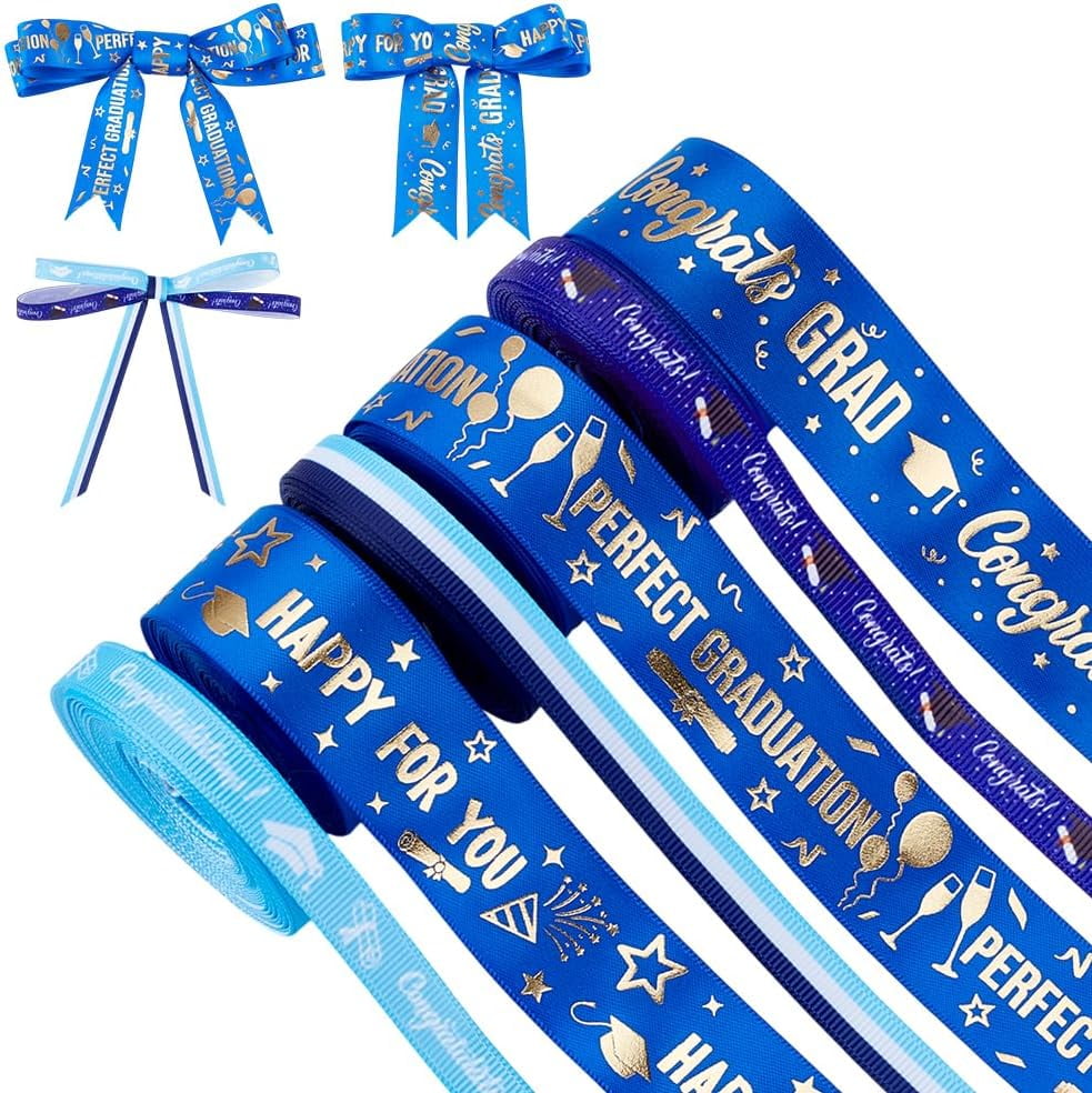 6 Rolls Graduation Ribbon Congrats Grad Blue Ribbons 1 Inch 3/8 Inch ...