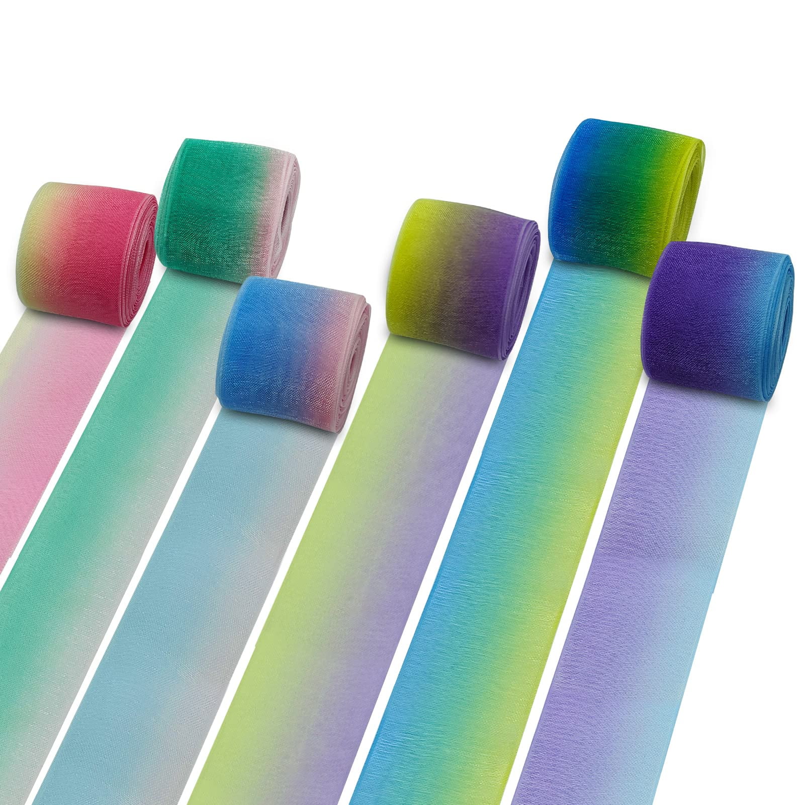 6 Rolls Organza Chiffon EC36 Ribbons Rainbow Wrapping Ribbons Sheer ...