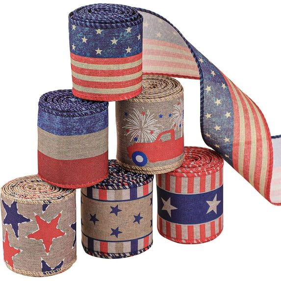6 Rolls Patriotic Ribbon Wired 4th of July Burlap Ribbon 2.5\\u201D Red ...