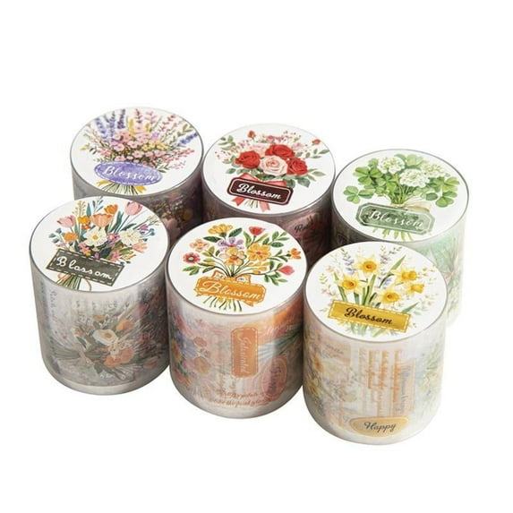6 Rolls of 12m Floral Die-Cut Tapes Bouquet and Text Themes PET ...