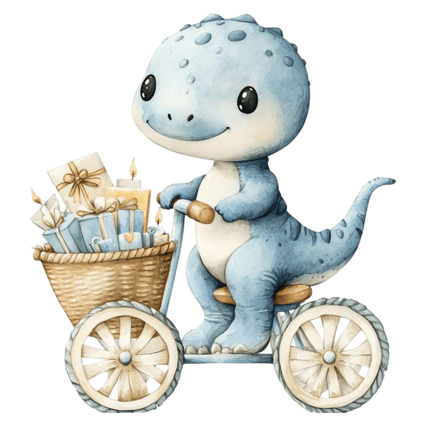 6" Round Pre-Cut Watercolor Baby Blue Dinosaur On Bike With Presents ...