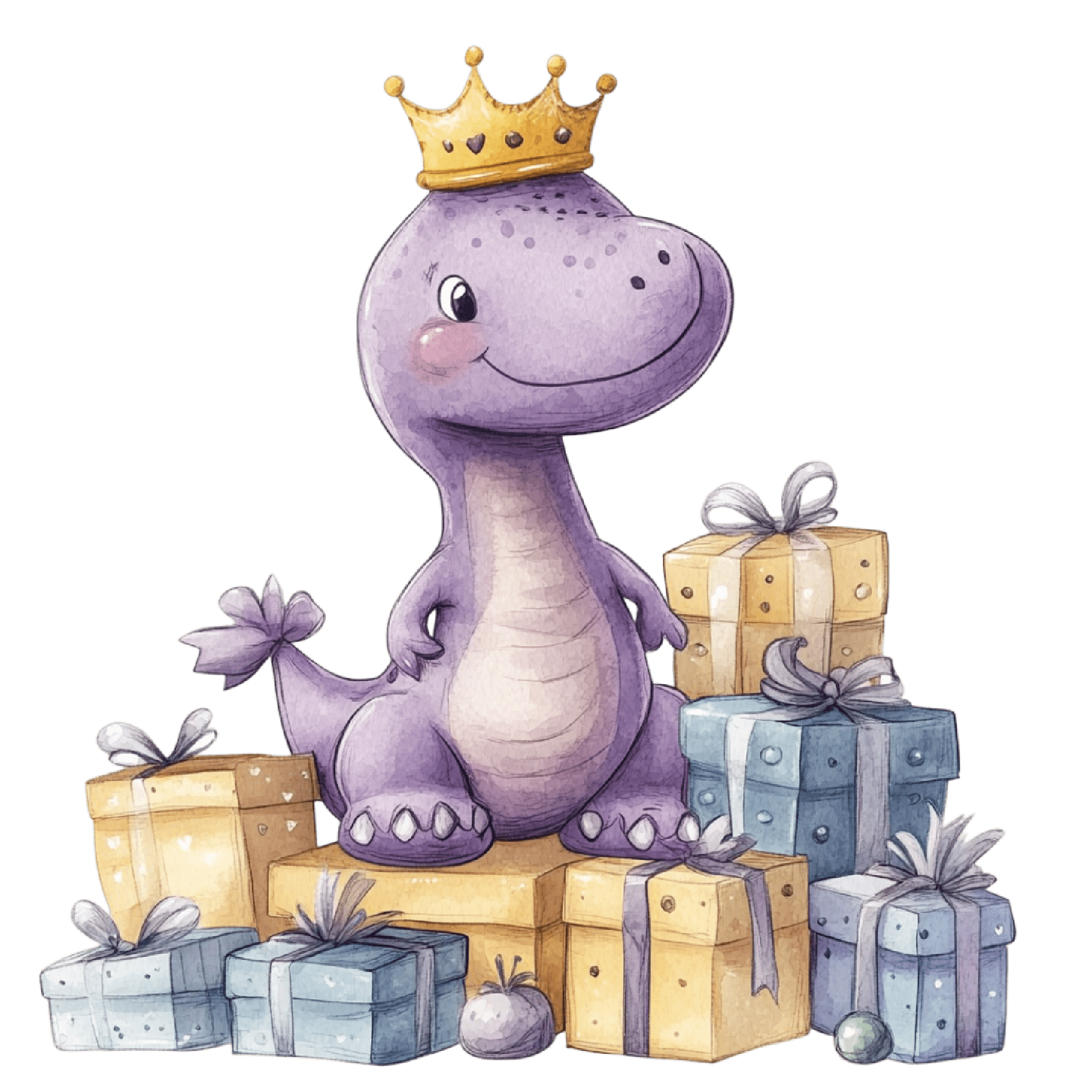6" Round Pre-Cut Watercolor Baby Purple Dinosaur With Crown & Presents ...