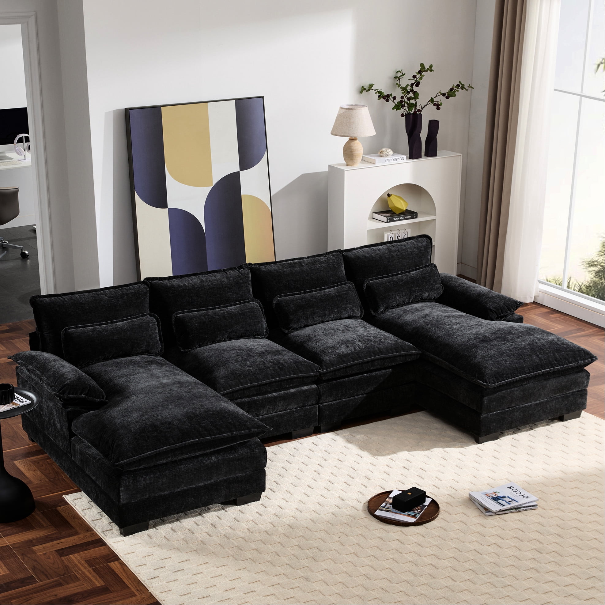 6 Seat Modular , U-shaped Chenille With Waist Pillows. Double Chaise ...