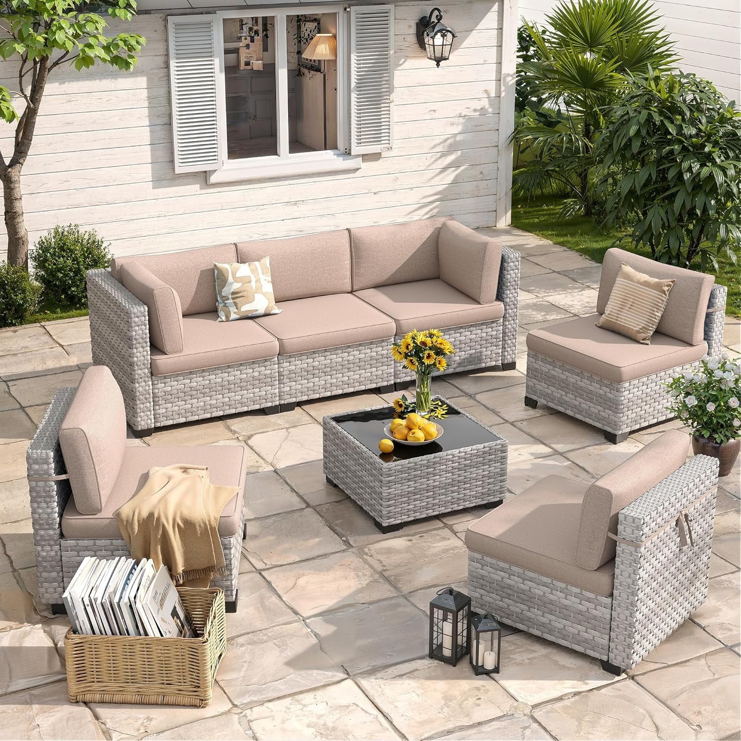6-Seat Outdoor Wicker Sectional Patio Sofa Set with 4" Thick Cushions ...
